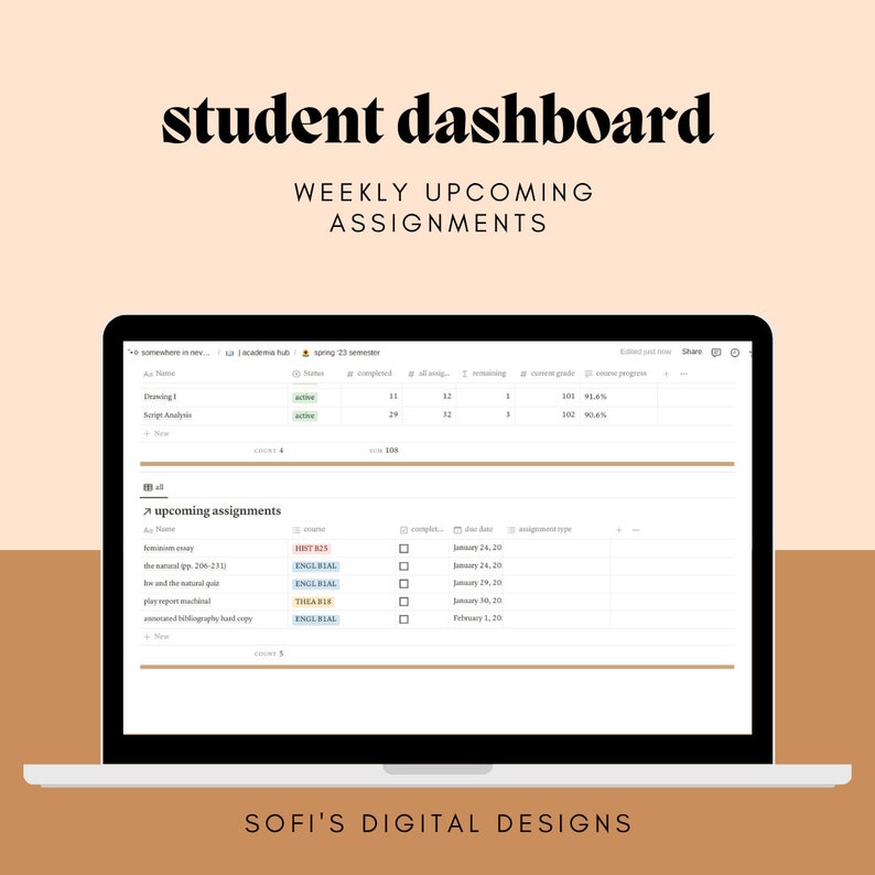 Editable Notion Template-- Aesthetic Student Semester Dashboard - Etsy