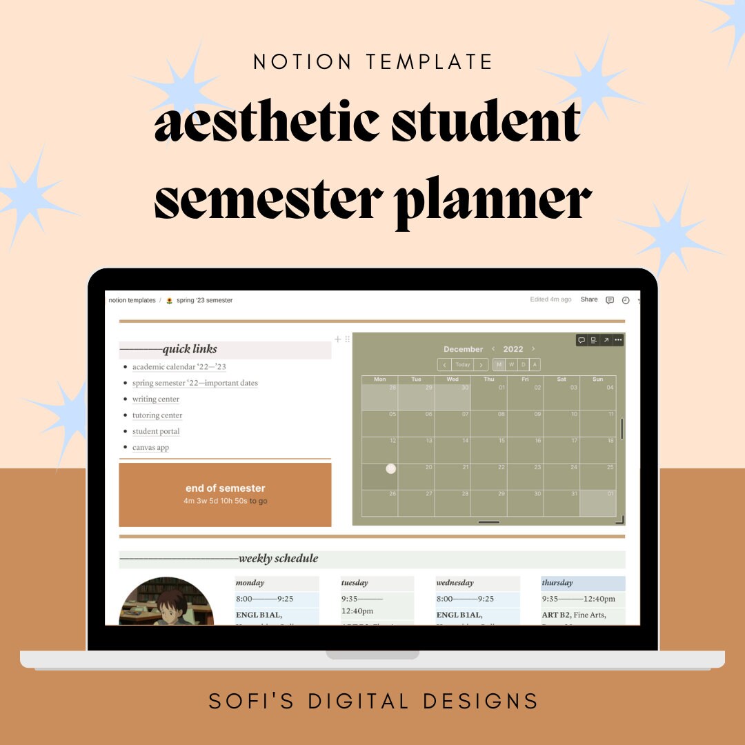 Editable Notion Template-- Aesthetic Student Semester Dashboard - Etsy