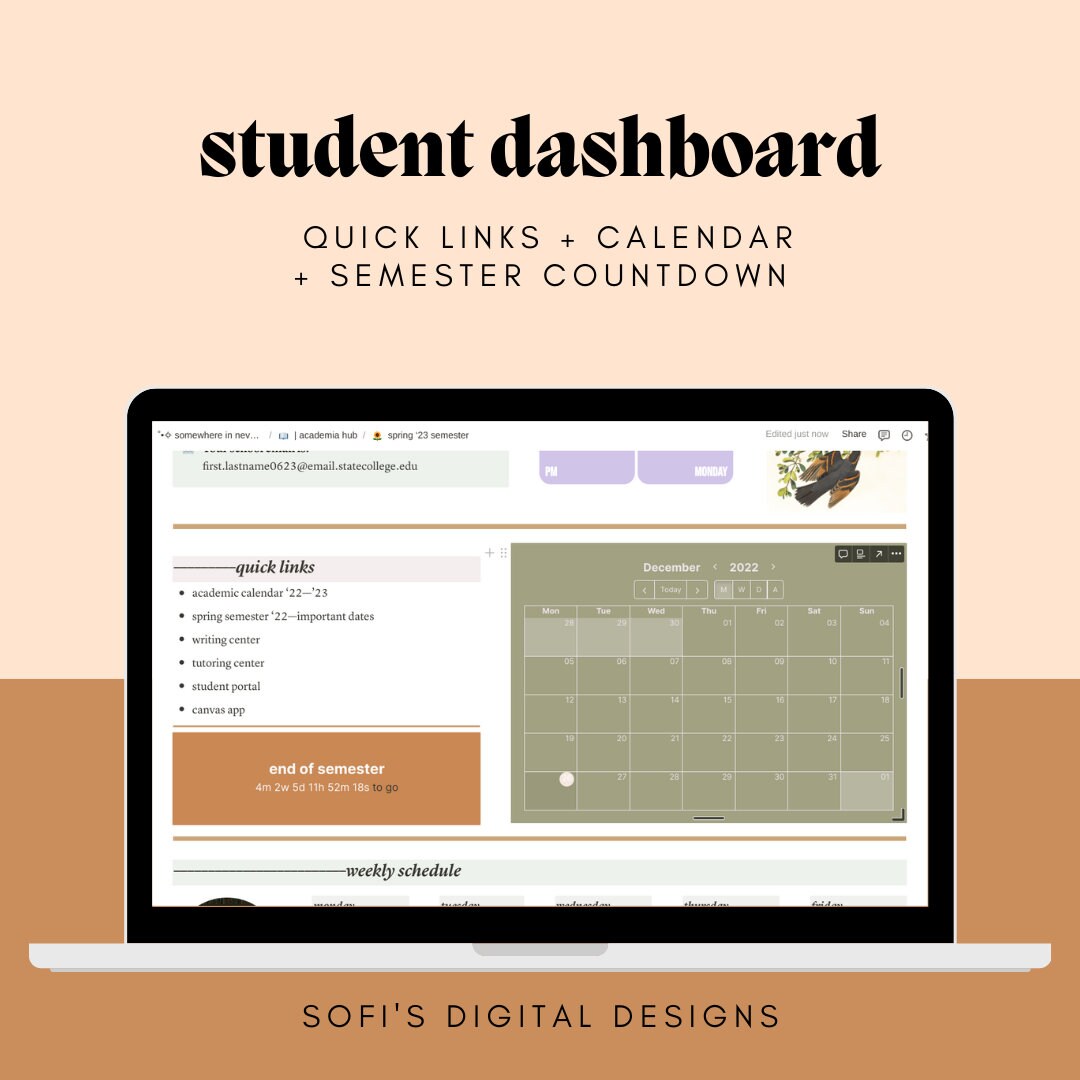 Editable Notion Template-- Aesthetic Student Semester Dashboard - Etsy