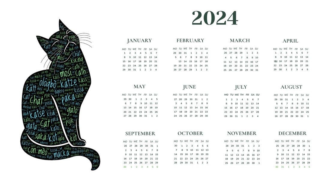 Printable 2024 Calendar Cat in Many Languages Multilingual Kitty ...