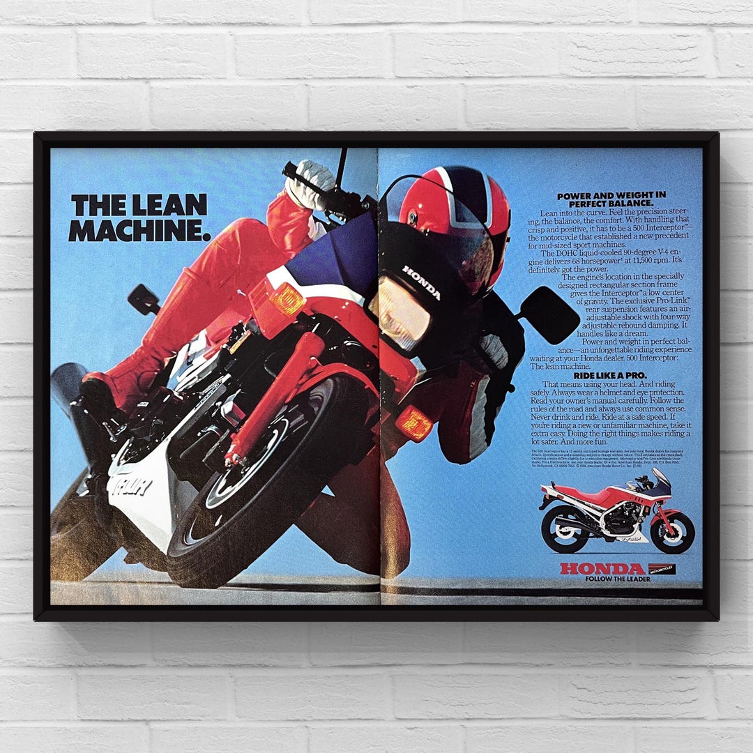 Vintage 1980s Honda 500 Interceptor Motorcycle 80s Magazine 2 Page Ad ...