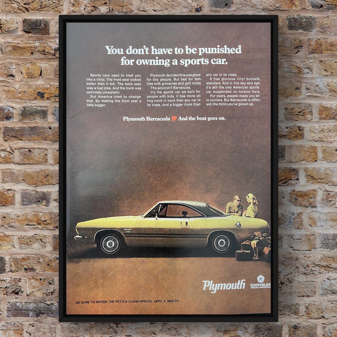Vintage 1960s Plymouth Barracuda 60s Car Magazine Page Ad Poster Paper ...
