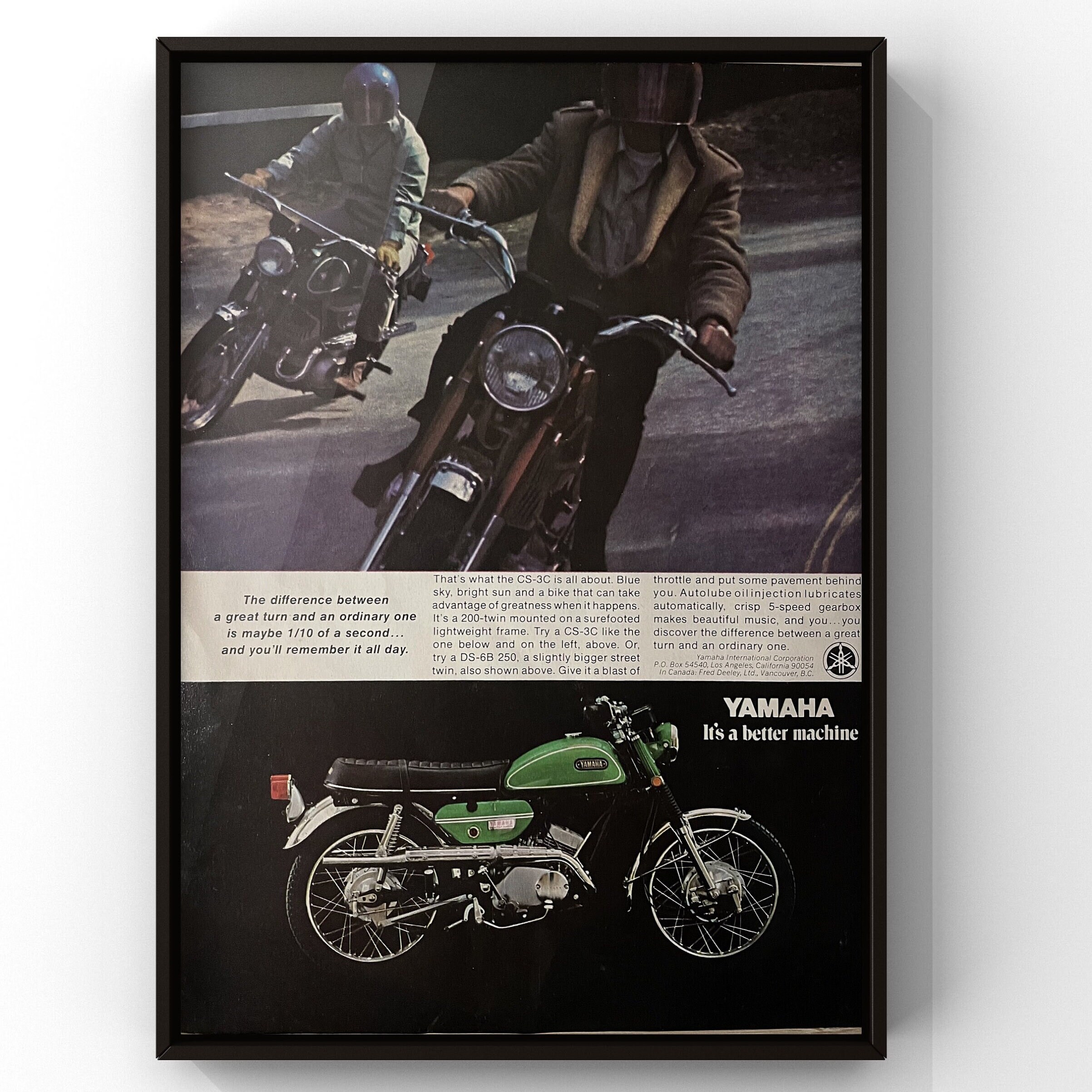 Vintage 1970s Yamaha Motorcycle Biker Poster Ad Print Retro 70s CS-3C Bike Rider Wall Art Home ...