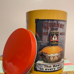 Vintage 1980s Quaker Corn Meal Metal Tin Royal Bar Kitchen USA ...