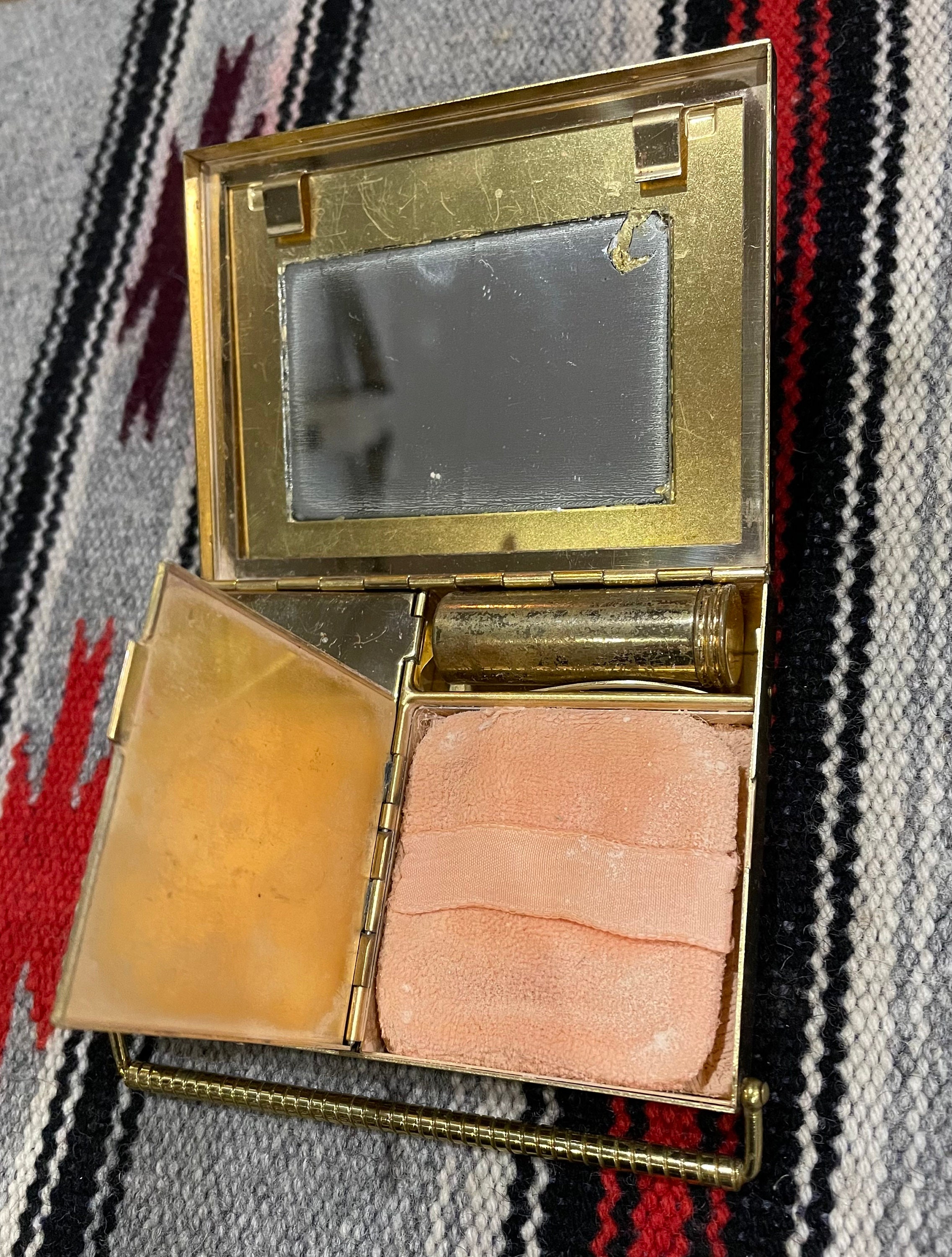 Vintage 1940s VOLUPTÉ USA Gold Metal Mirror Powder Compact Red Lipstick ...