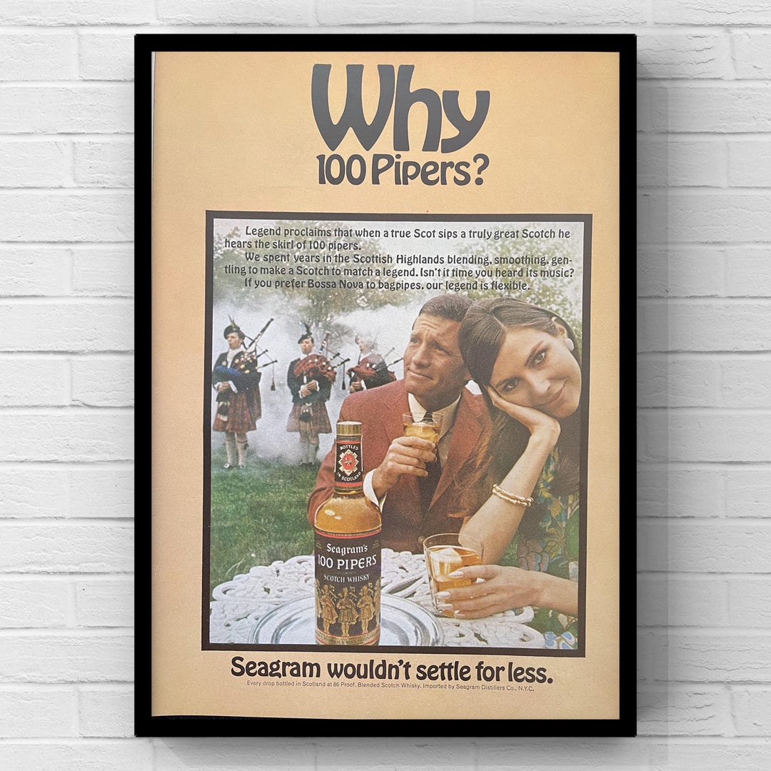 Vintage 1960s 100 Pipers Scotch Alcohol Bar Cocktail 60s Magazine Page ...