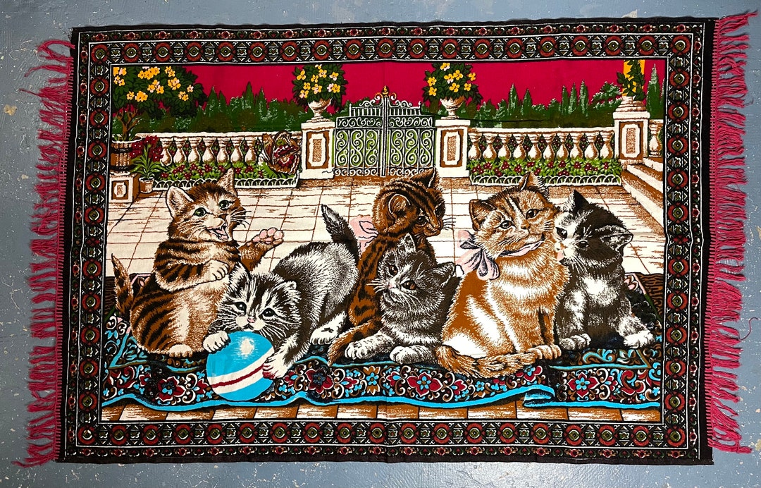 Vintage 1960s Kitten Cat Tapestry Wall Hanging With Fringe Boho Cats in ...