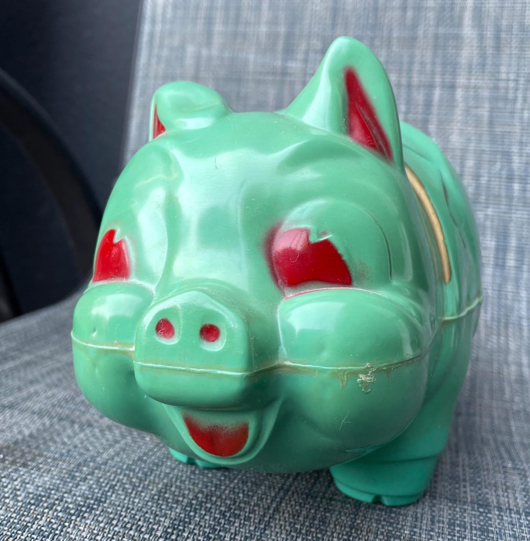 Vintage 1960s Piggy Bank Teal Plastic Toy Kids Retro 60s Collectible ...