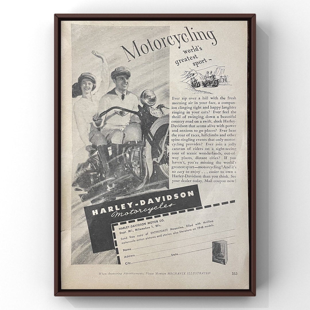 Vintage 1940s Harley Davidson Ad Poster Print Retro 40s Motorcycle ...