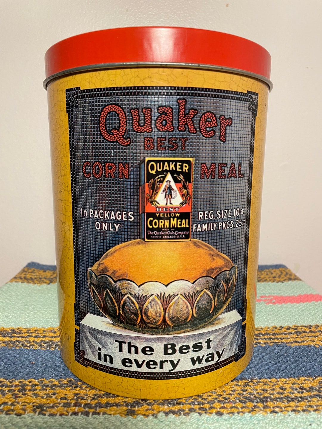 Vintage 1980s Quaker Corn Meal Metal Tin Royal Bar Kitchen USA ...