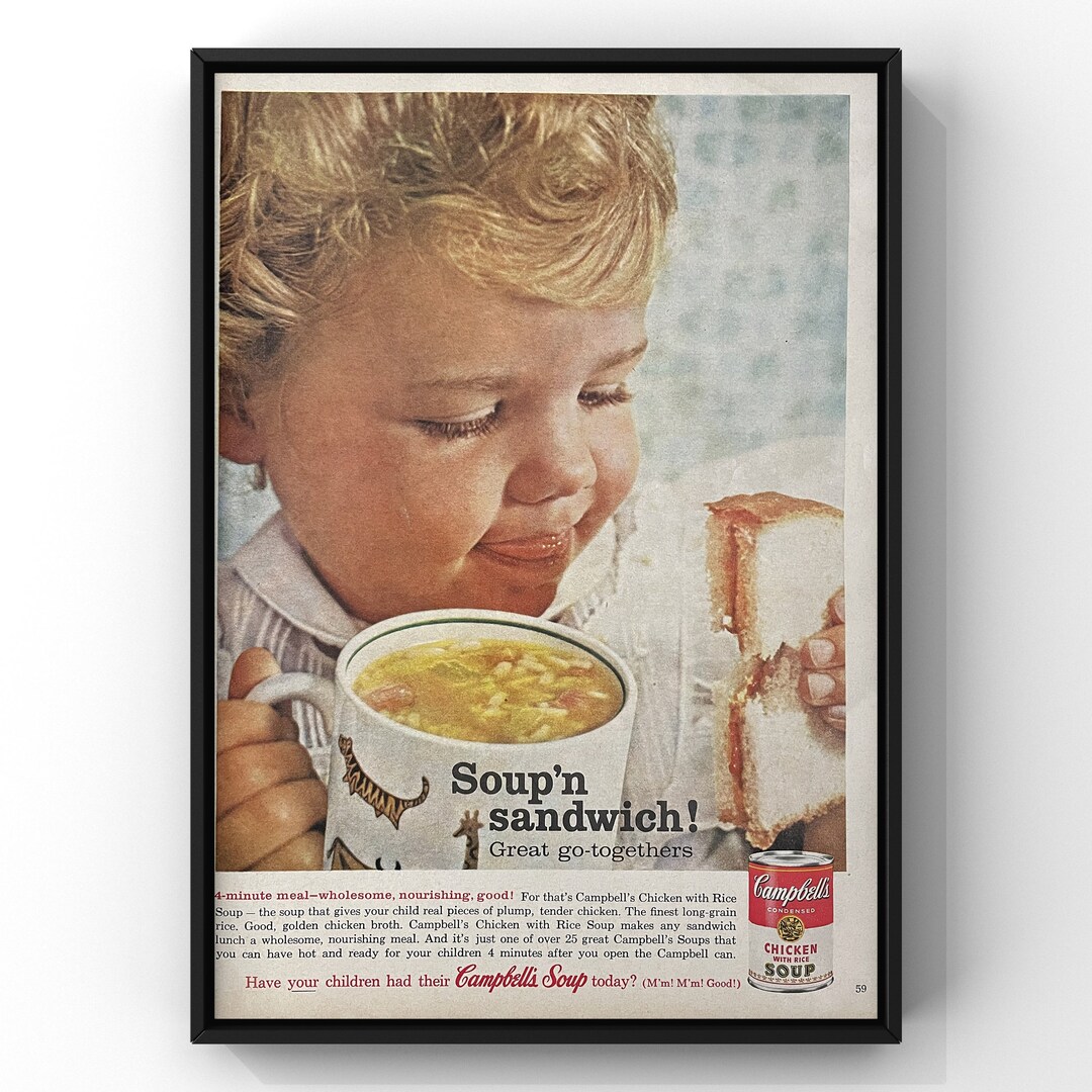 Vintage 1960s Campbells Soup Ad Print Poster Kid Soups Food Chef Retro ...