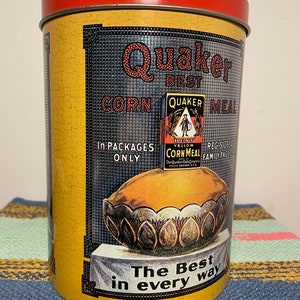 Vintage 1980s Quaker Corn Meal Metal Tin Royal Bar Kitchen USA ...