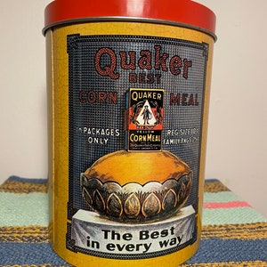 Vintage 1980s Quaker Corn Meal Metal Tin Royal Bar Kitchen USA ...