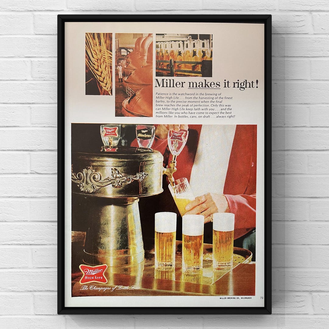 Vintage 1960s Miller Beer Alcohol Bar Champagne Bottle 60s Magazine ...