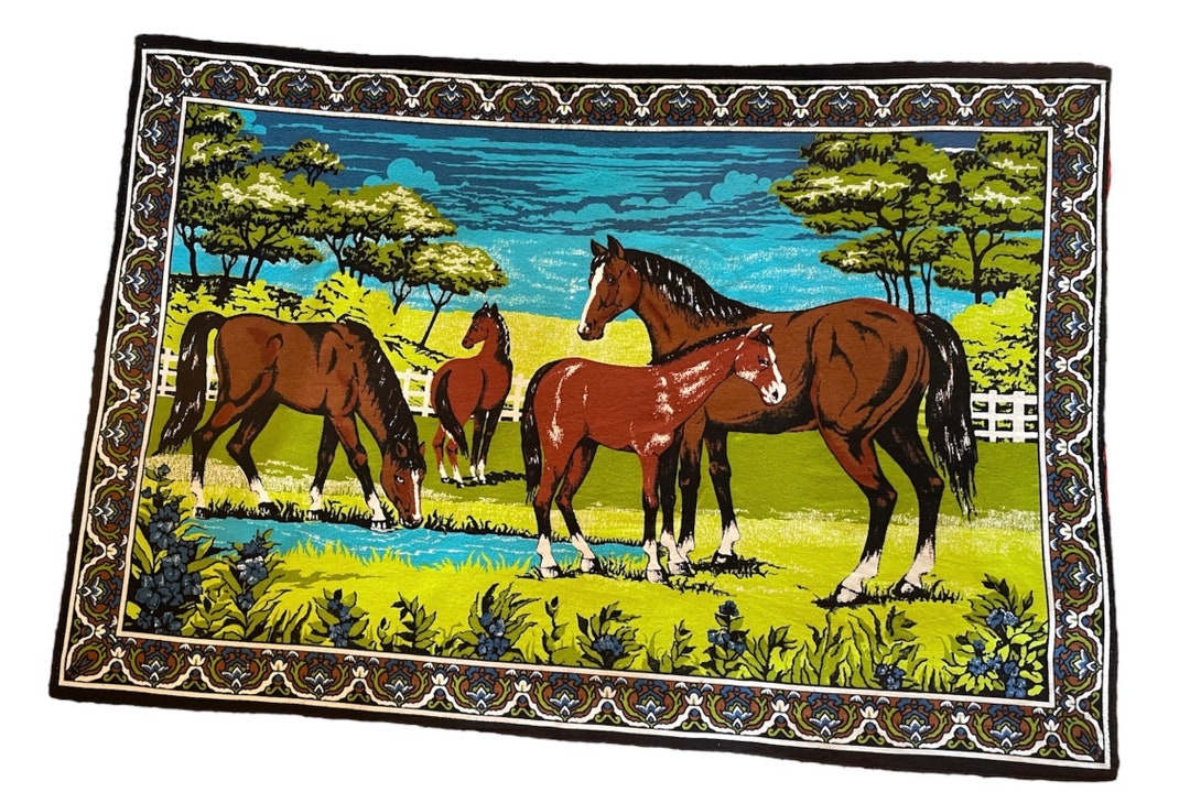 Vintage 1980s Tapestry Horses Animals 80s Retro Wall Art Home Decor ...