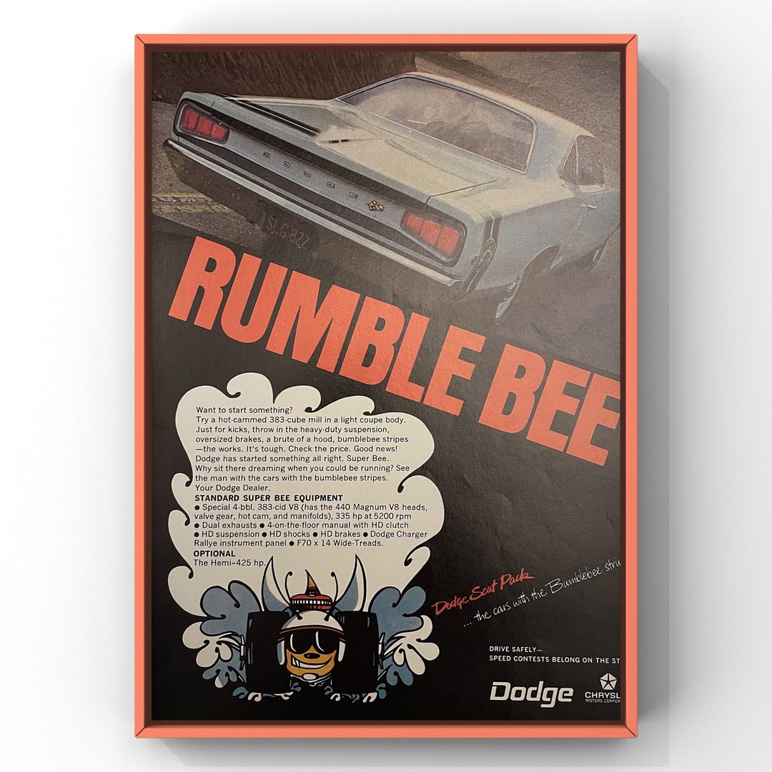 Vintage 1960s RUMBLE BEE 1969 Classic Car Bumblebee Dodge Super Bee 60s ...