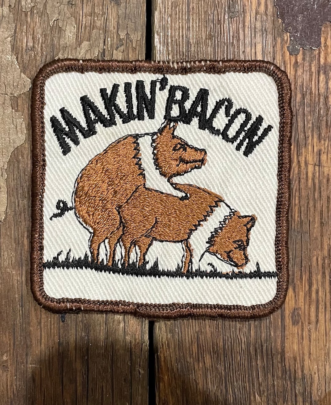 Vintage 1970s Makin’ Bacon / Fly United Geese Funny Pigs Sew on 2 Patch Accessories Retro Gift ...