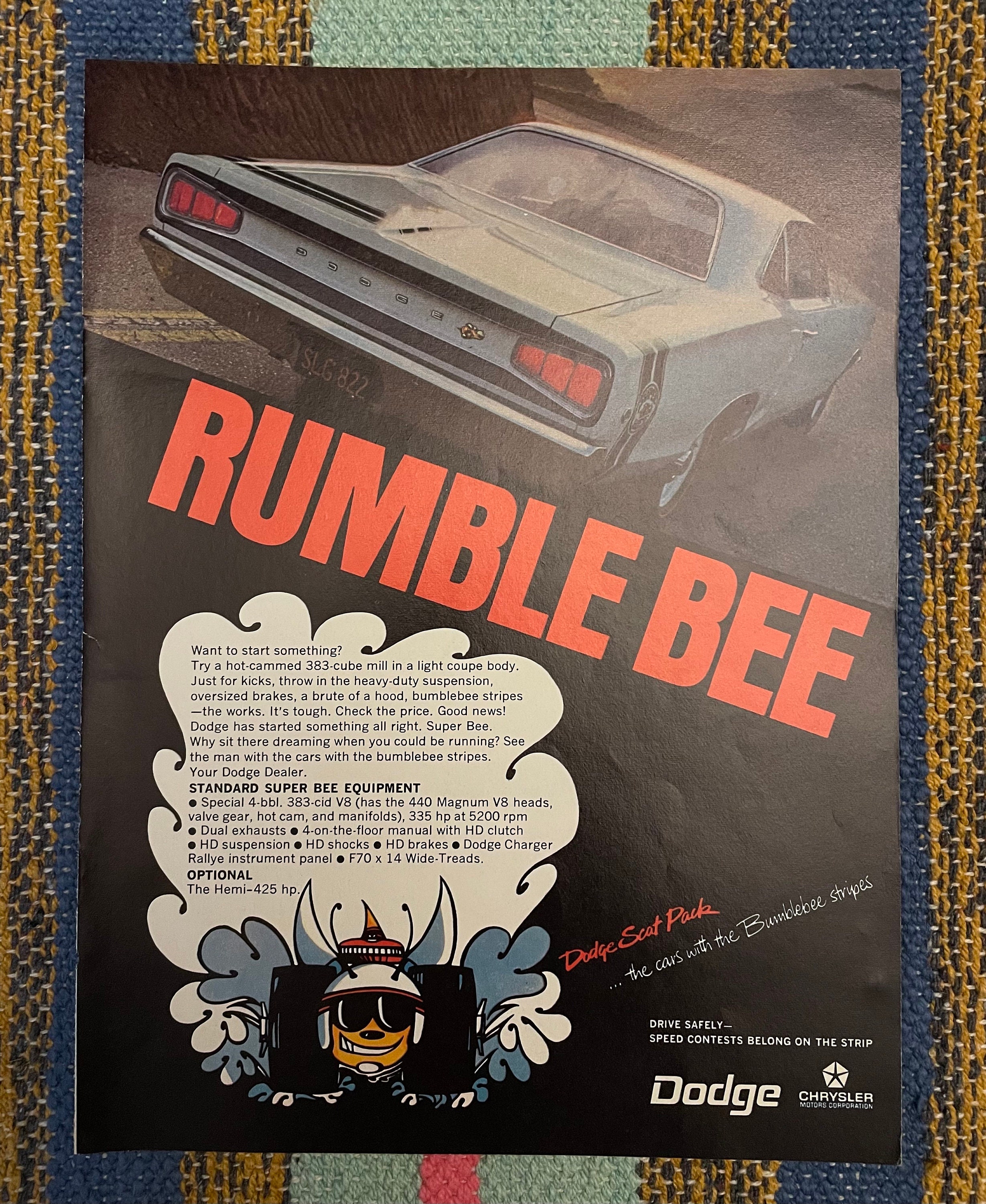 Vintage 1960s RUMBLE BEE 1969 Classic Car Bumblebee Dodge - Etsy