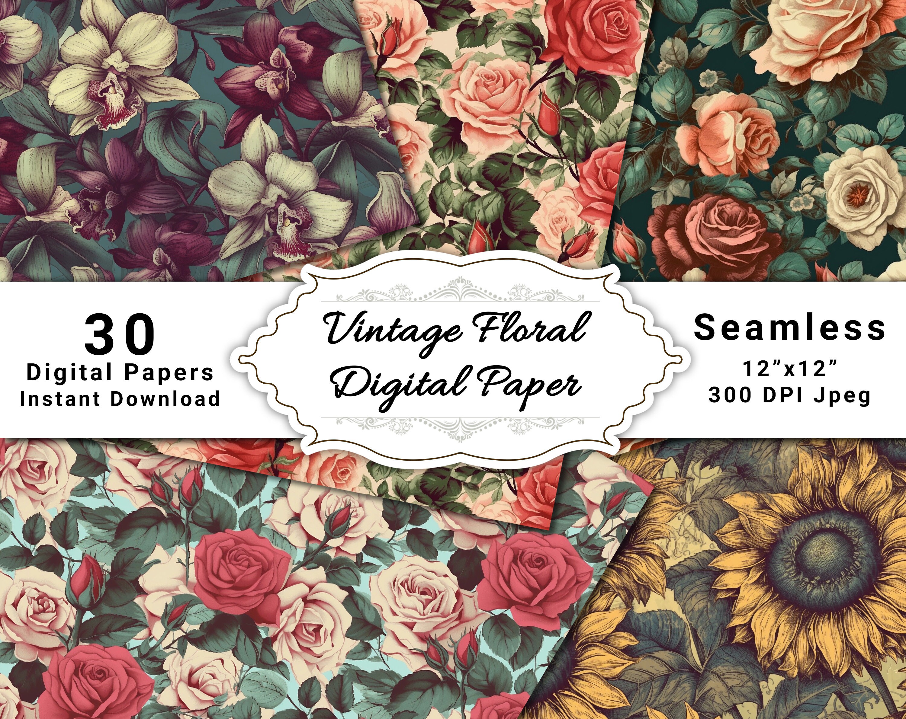 Printable Vintage Floral Digital Paper- Vintage Floral Art, Scrapbook ...