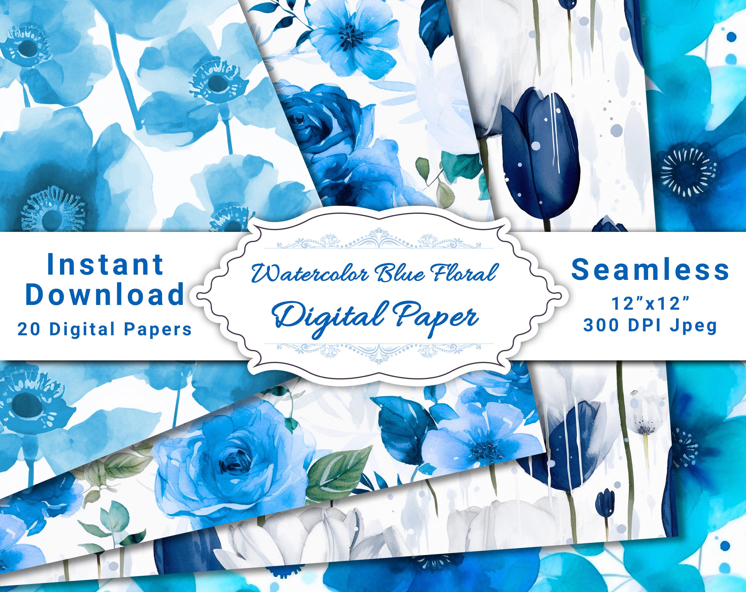 Watercolor Blue Floral Digital Paper, Watercolor Flower Backgrounds ...