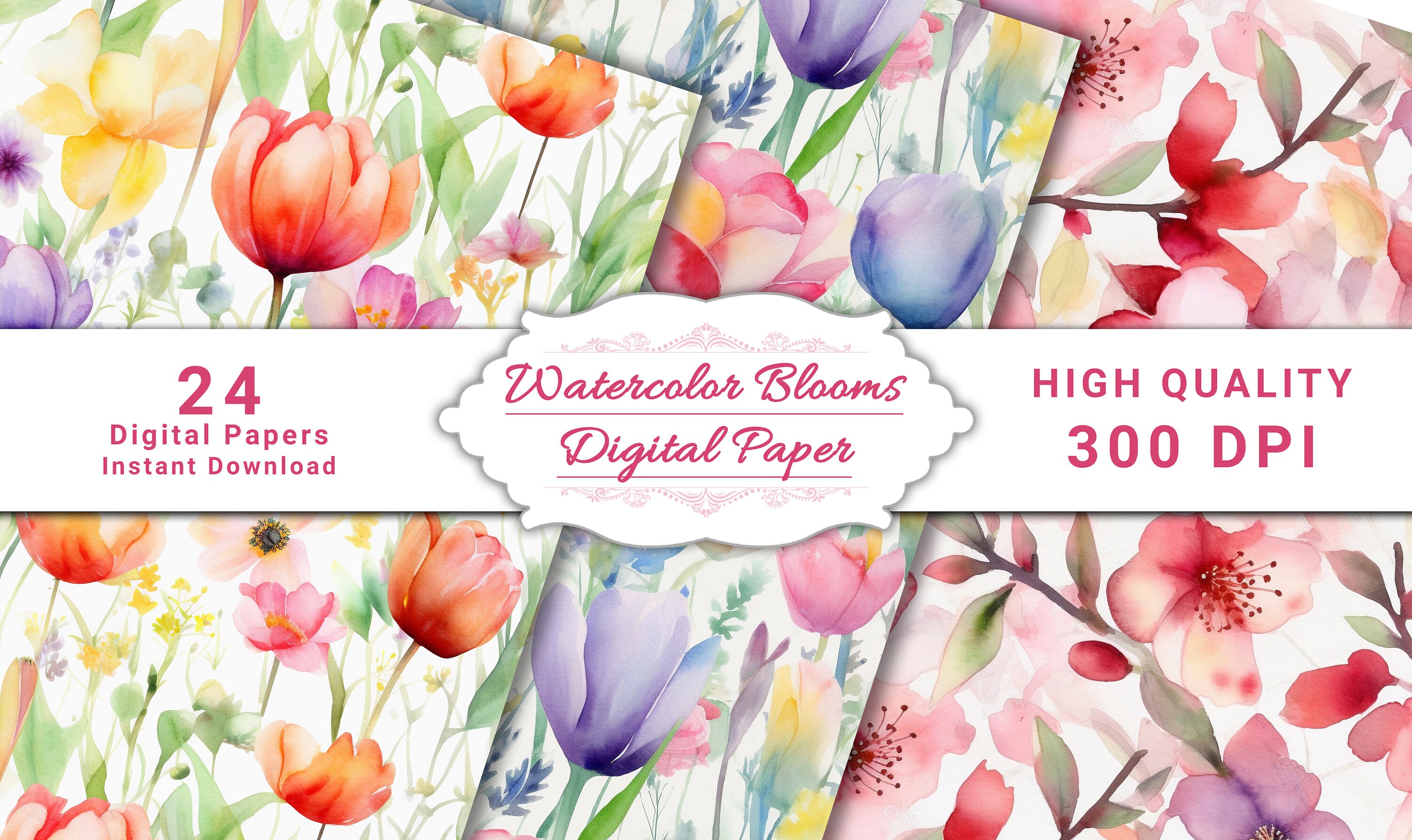 Spring Floral Digital Paper Printable Watercolor Flower - Etsy