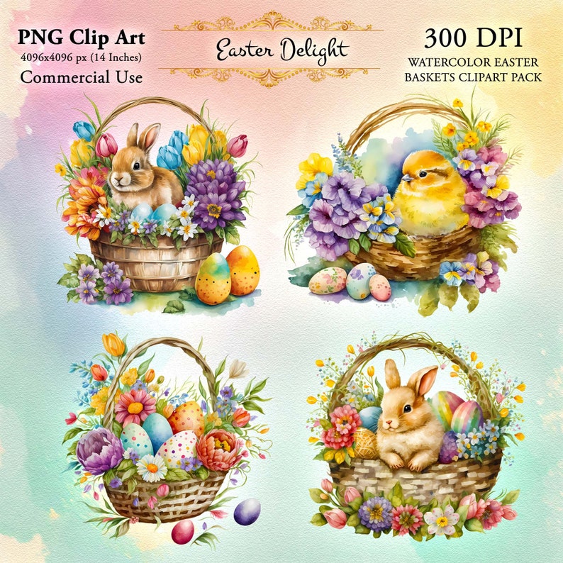 Easter Watercolor Clipart Set 18 Delightful Eggs, Bunny, and Chick in a ...