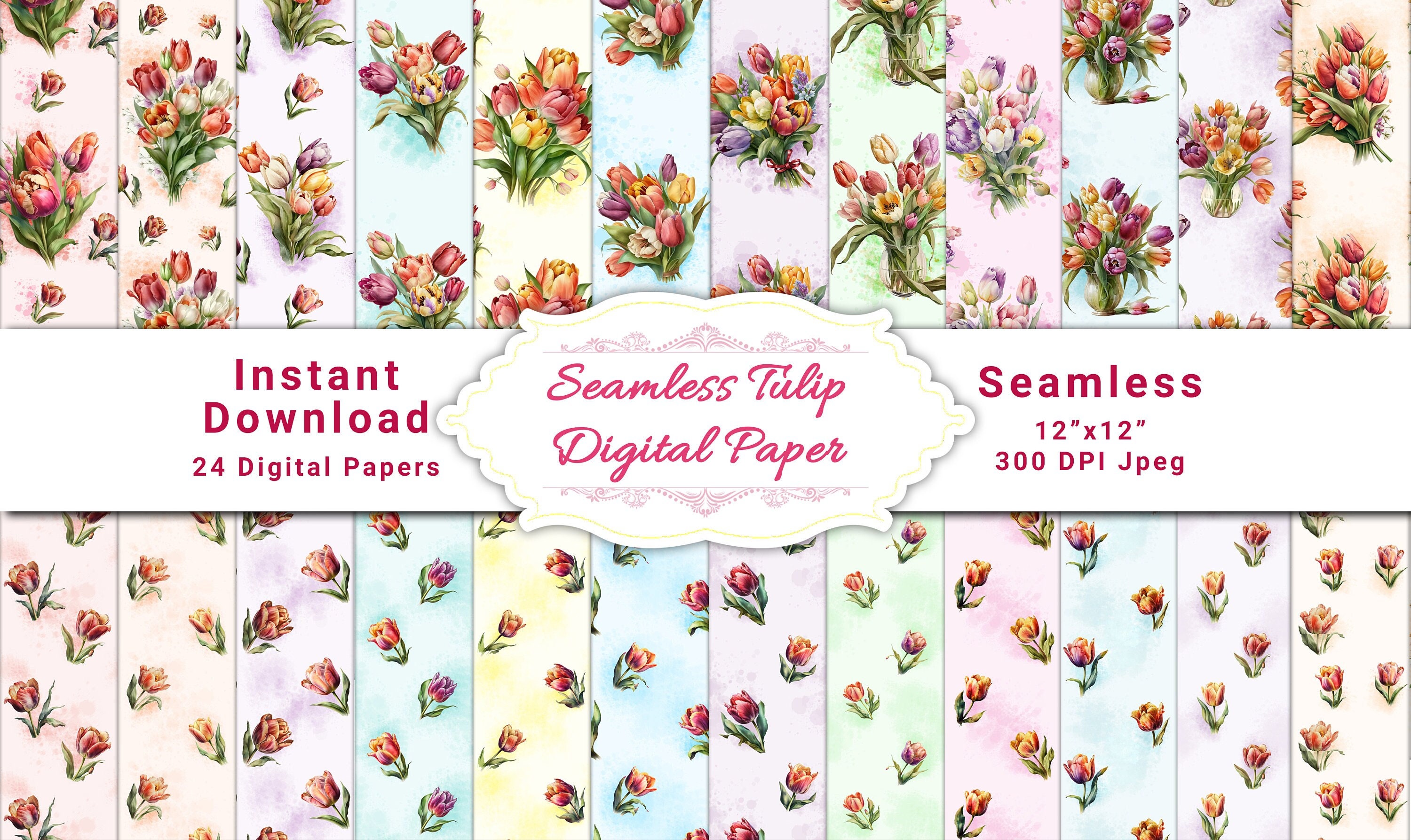 Watercolor Tulip Digital Paper- Seamless Digital Paper, Printable ...