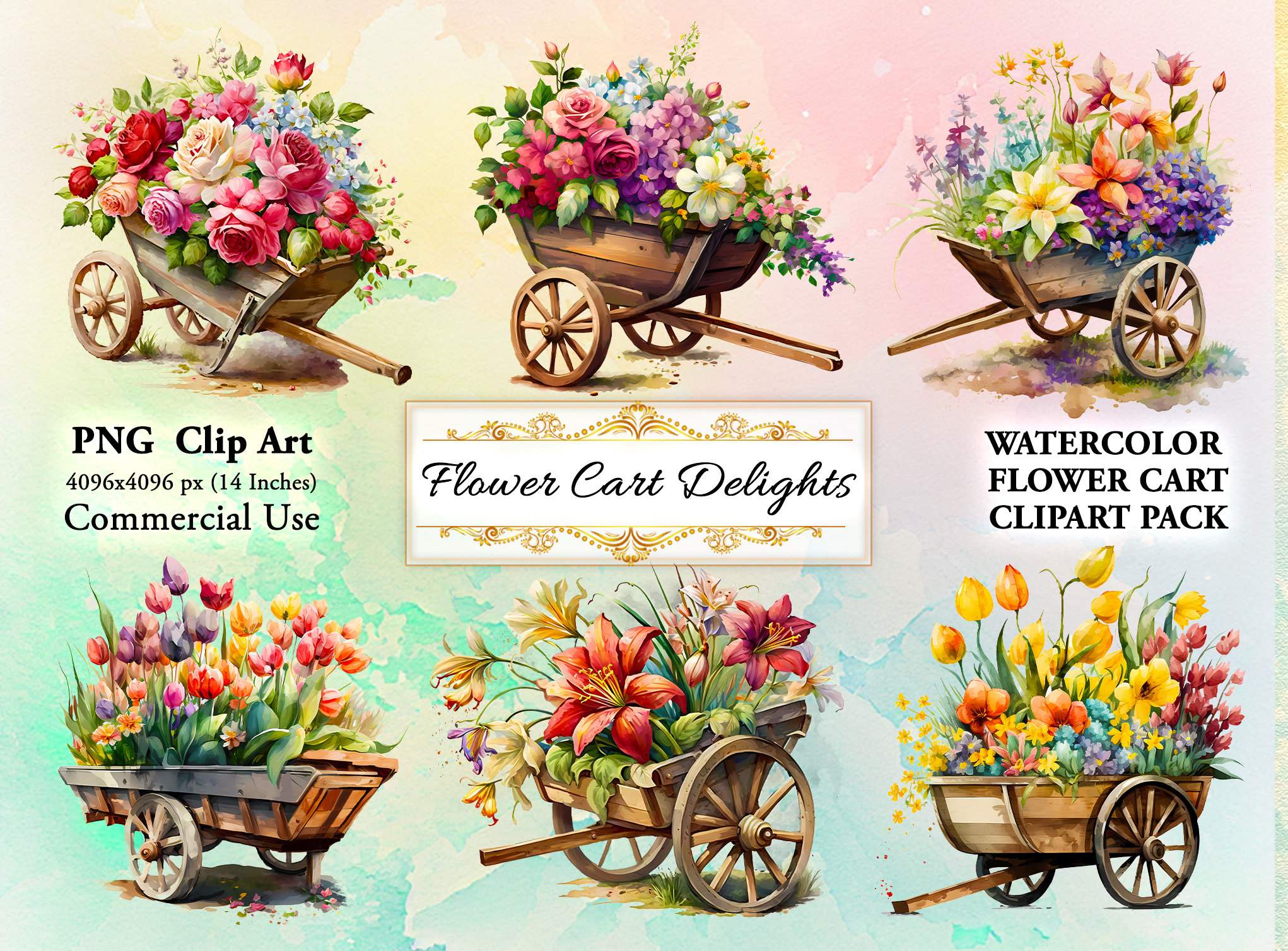32 Watercolor Floral Wheelbarrows & Flower Cart Clipart - Springtime ...