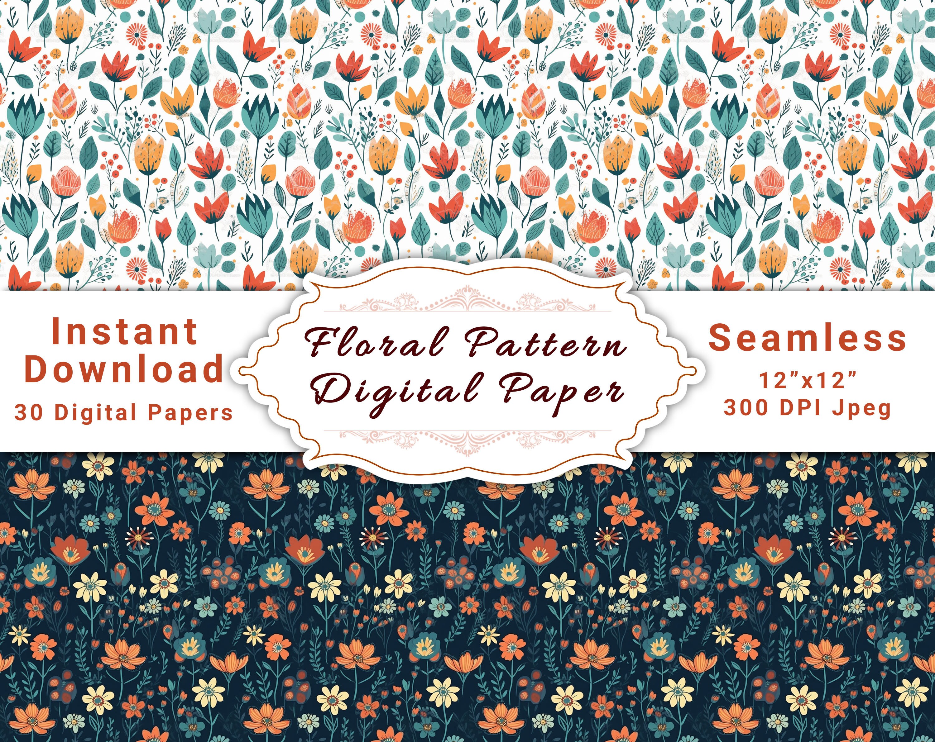 Floral Pattern Digital Paper, Printable Papers, Digital Scrapbook Paper ...