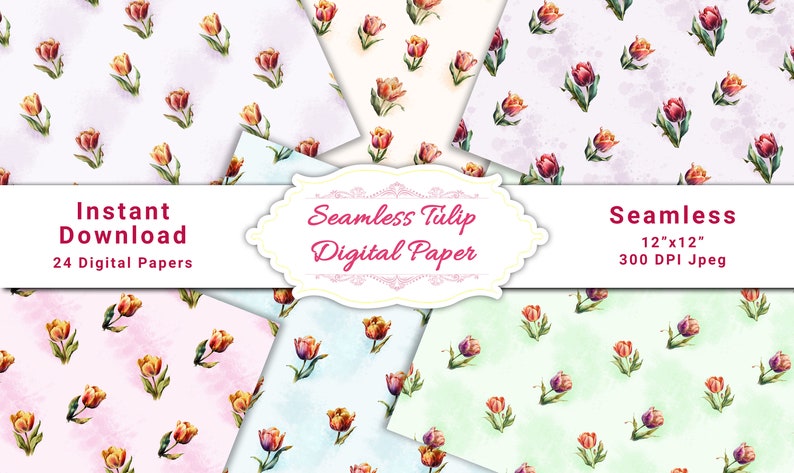 Watercolor Tulip Digital Paper- Seamless Digital Paper, Printable ...