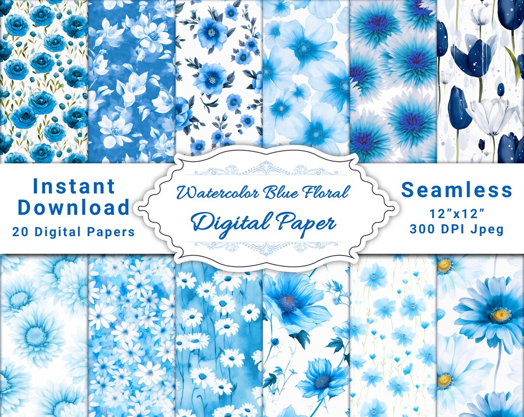 Watercolor Blue Floral Digital Paper, Watercolor Flower Backgrounds ...