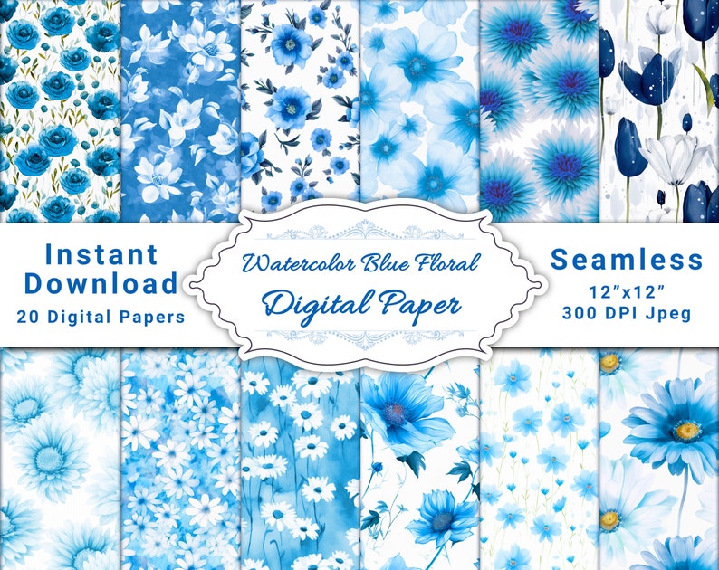 Watercolor Blue Floral Digital Paper, Watercolor Flower Backgrounds ...