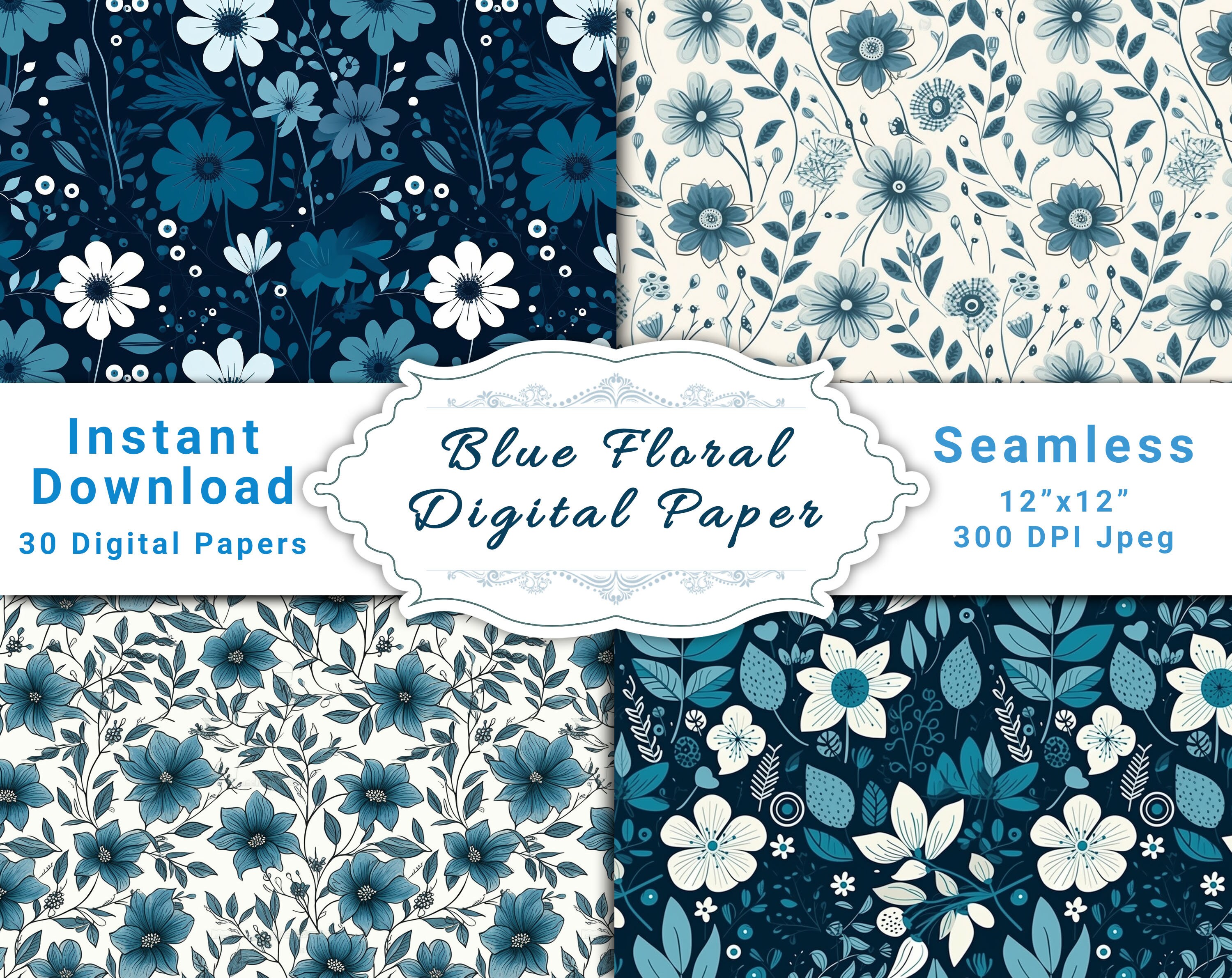 Floral Blue Digital Paper, Blue Background, Printable Digital Scrapbook ...