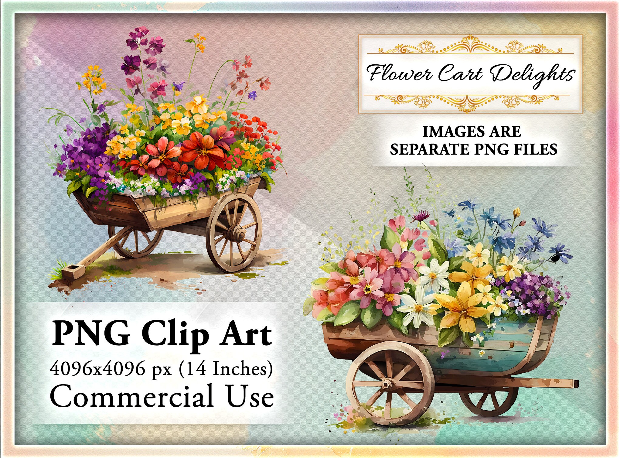 32 Watercolor Floral Wheelbarrows & Flower Cart Clipart - Springtime ...