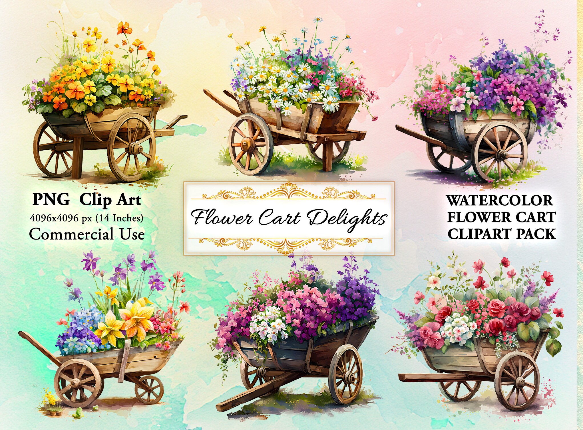 32 Watercolor Floral Wheelbarrows & Flower Cart Clipart - Springtime ...