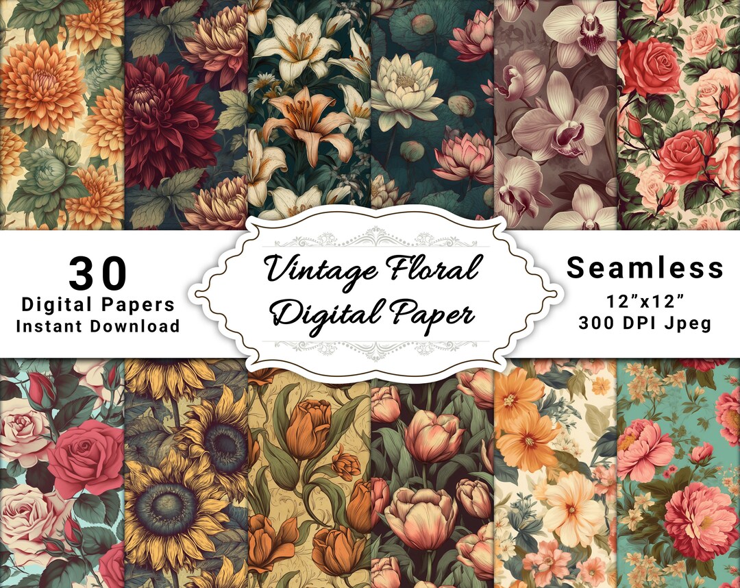 Printable Vintage Floral Digital Paper- Vintage Floral Art, Scrapbook ...