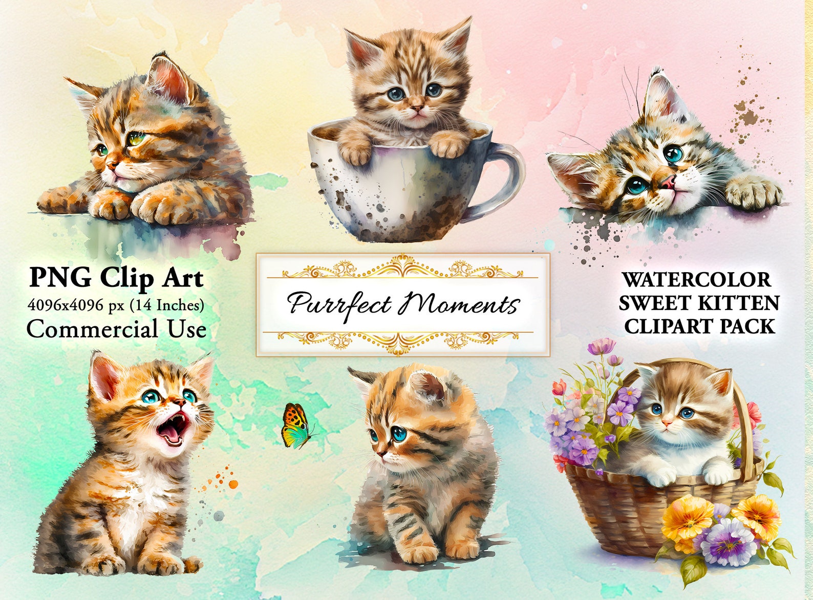 Watercolor Kittens, Cat Clip Art, Funny Cat Art, PNG File Format ...