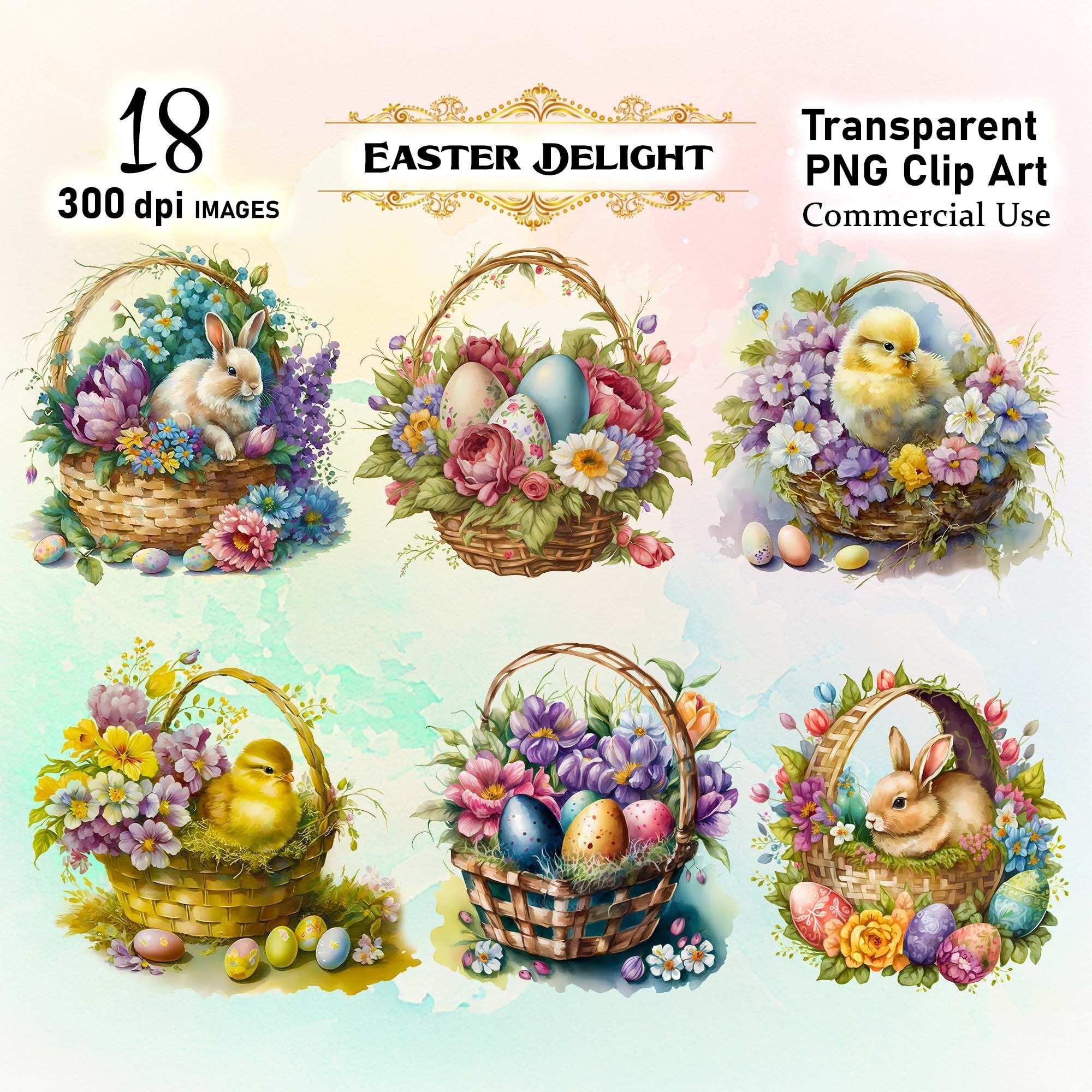 Easter Watercolor Clipart Set 18 Delightful Eggs, Bunny, and Chick in a ...