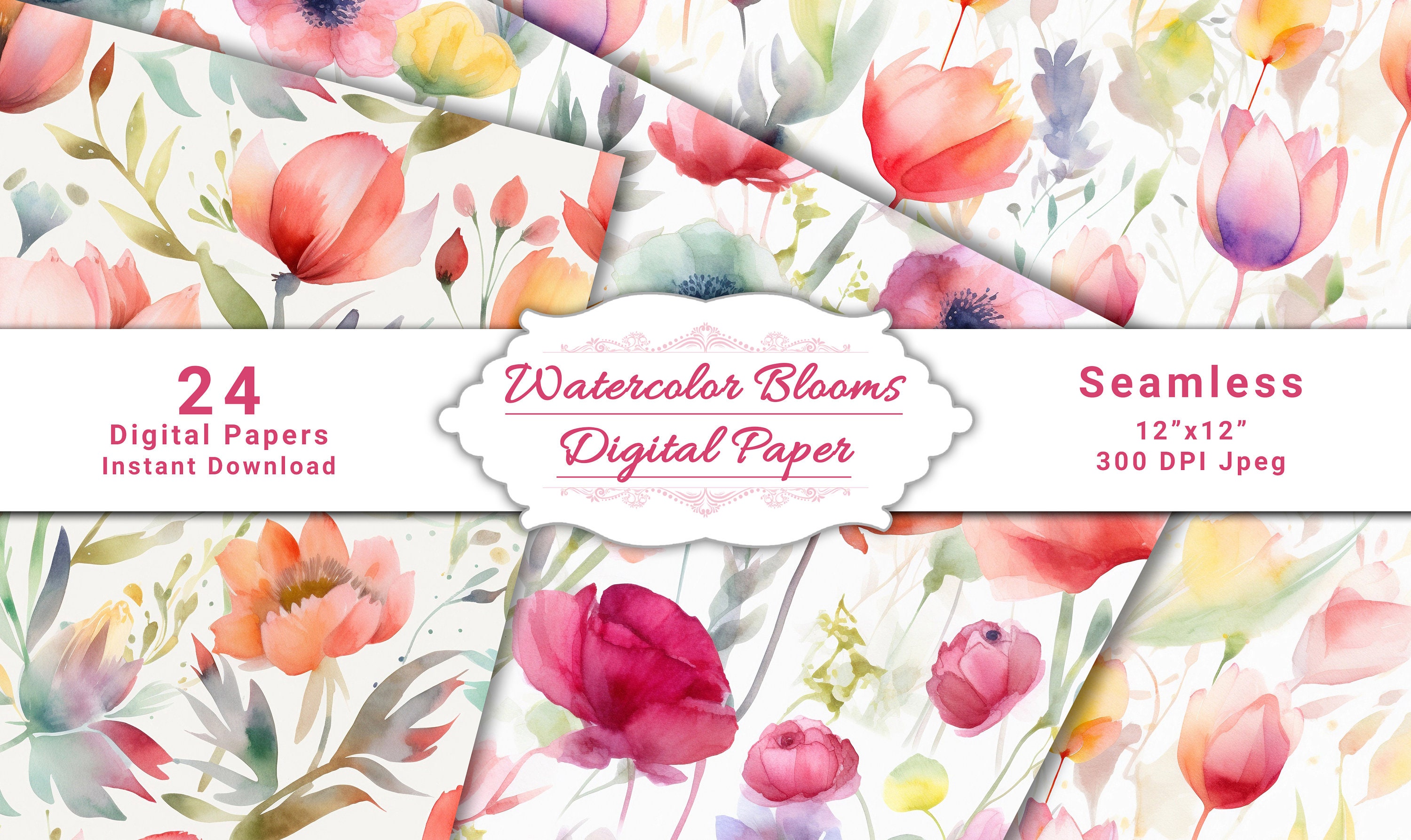 Spring Floral Digital Paper Printable Watercolor Flower - Etsy