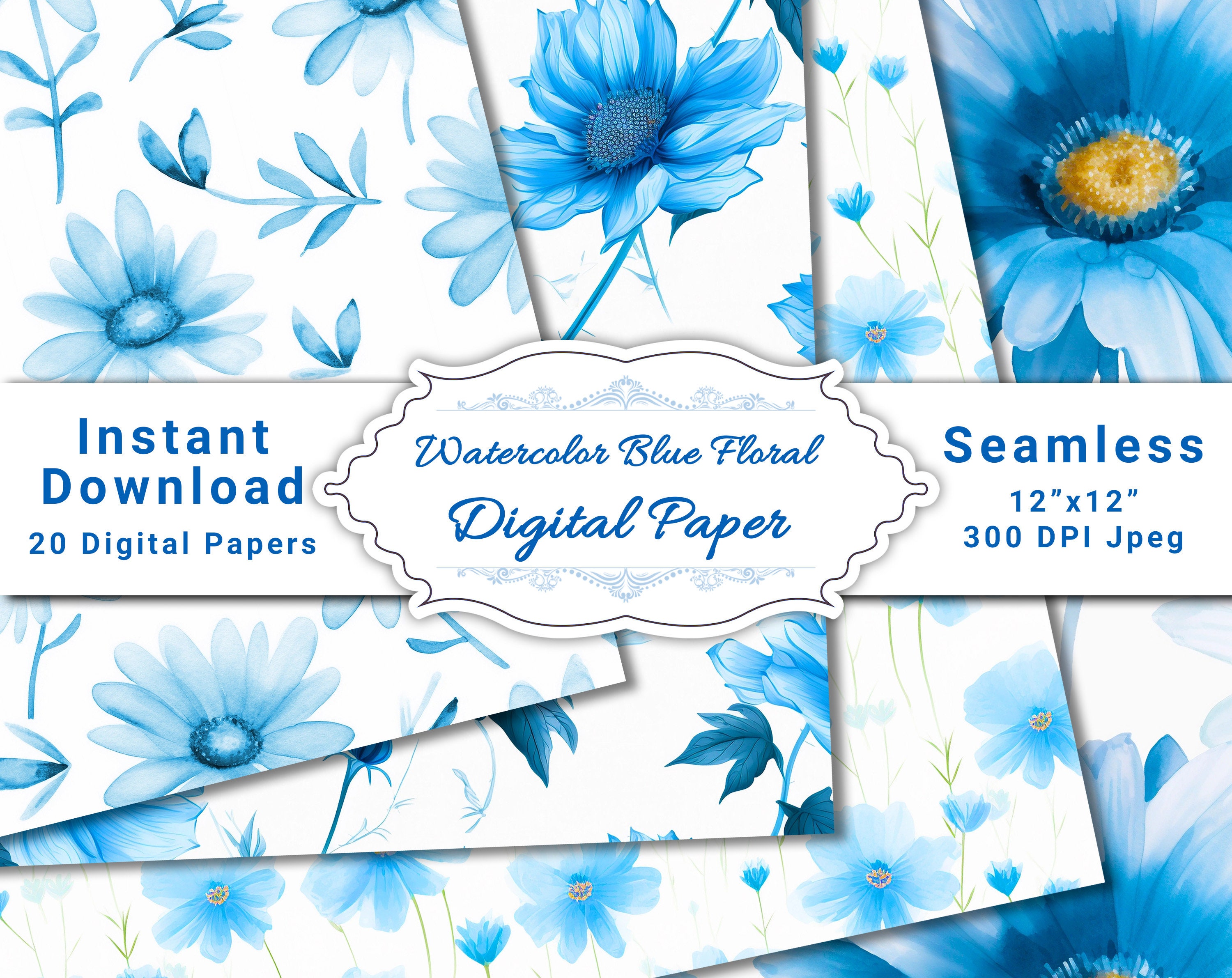 Watercolor Blue Floral Digital Paper, Watercolor Flower Backgrounds ...
