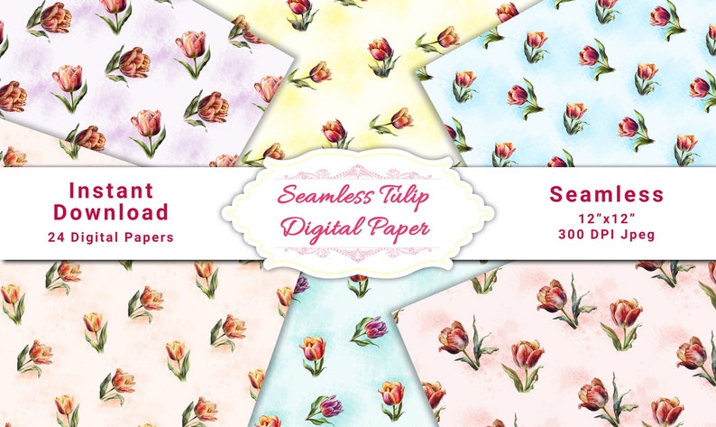 Watercolor Tulip Digital Paper- Seamless Digital Paper, Printable ...