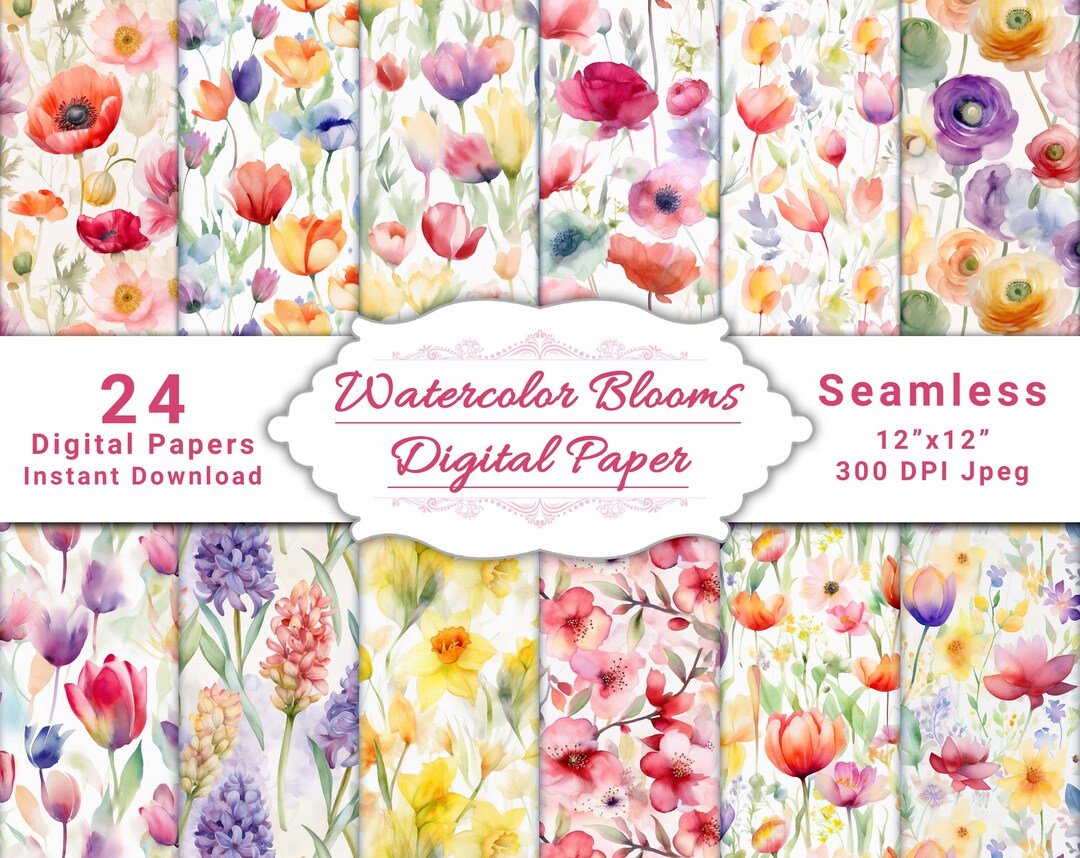 Spring Floral Digital Paper - Printable Watercolor Flower Backgrounds ...