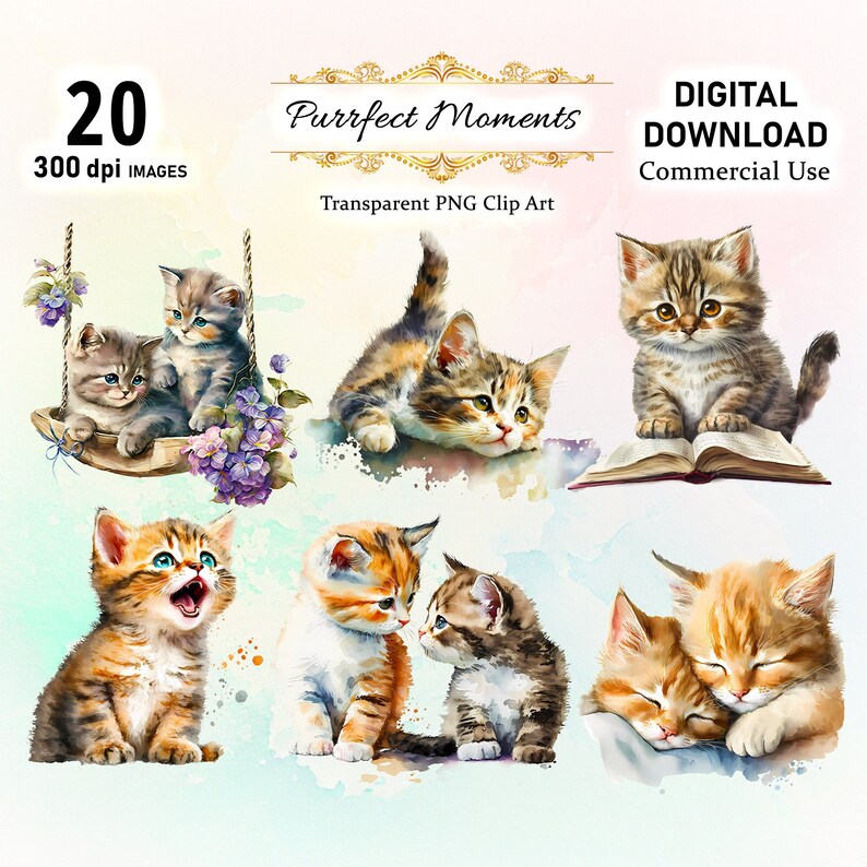 Watercolor Kittens, Cat Clip Art, Funny Cat Art, PNG File Format ...
