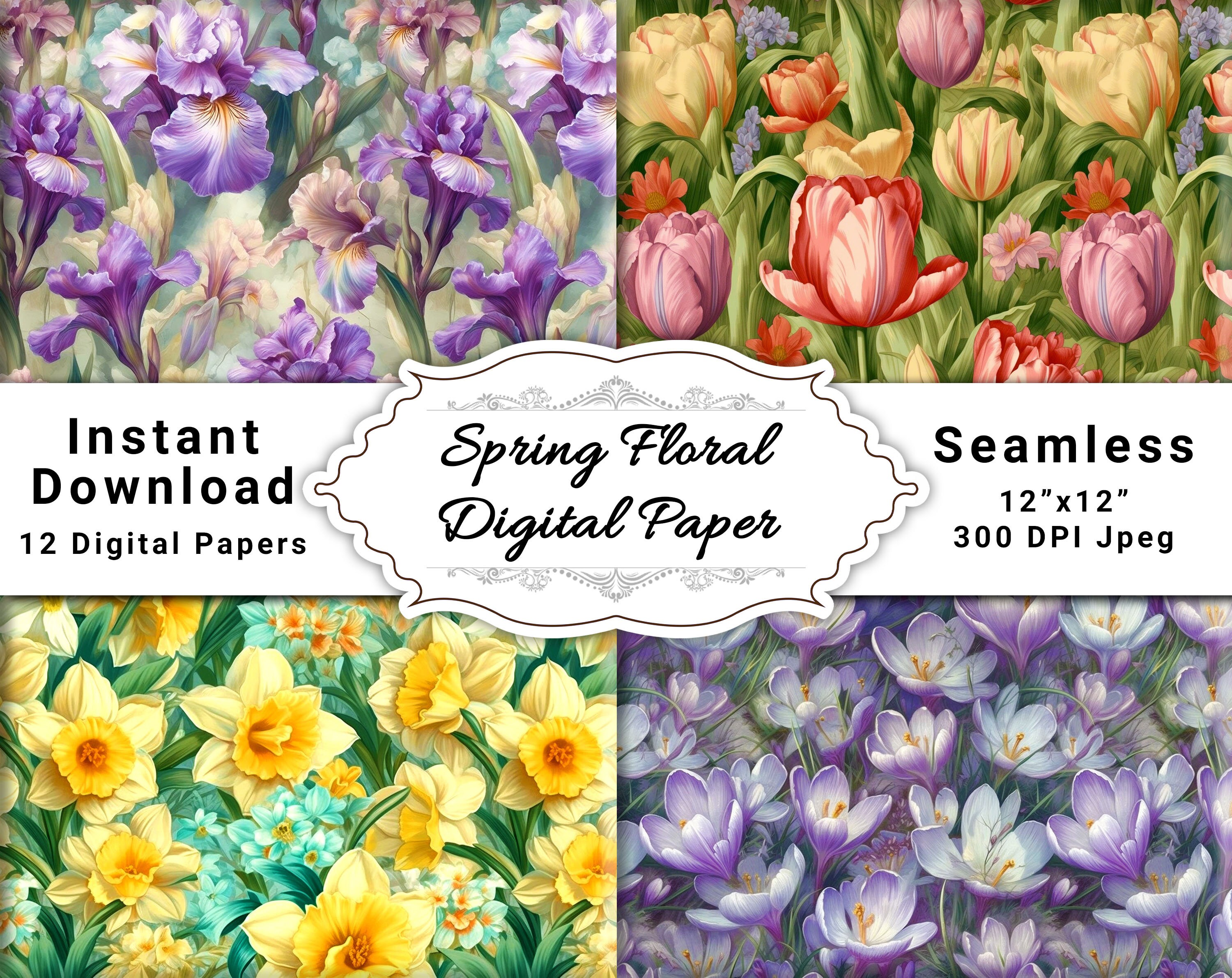 Spring Flowers Digital Paper, Printable Papers, Digital Scrapbook Paper ...