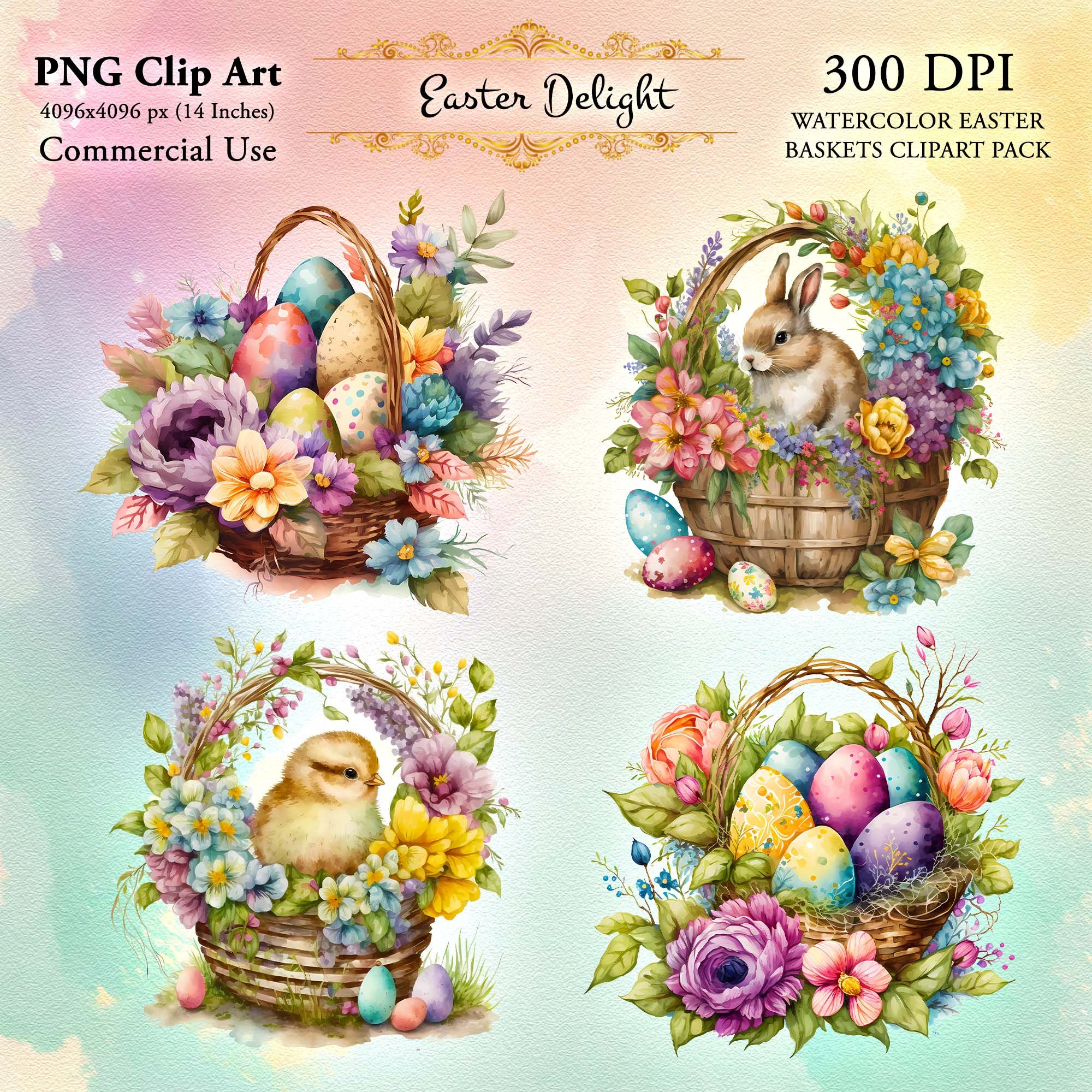 Easter Watercolor Clipart Set - 18 Delightful Eggs, Bunny, and Chick in ...
