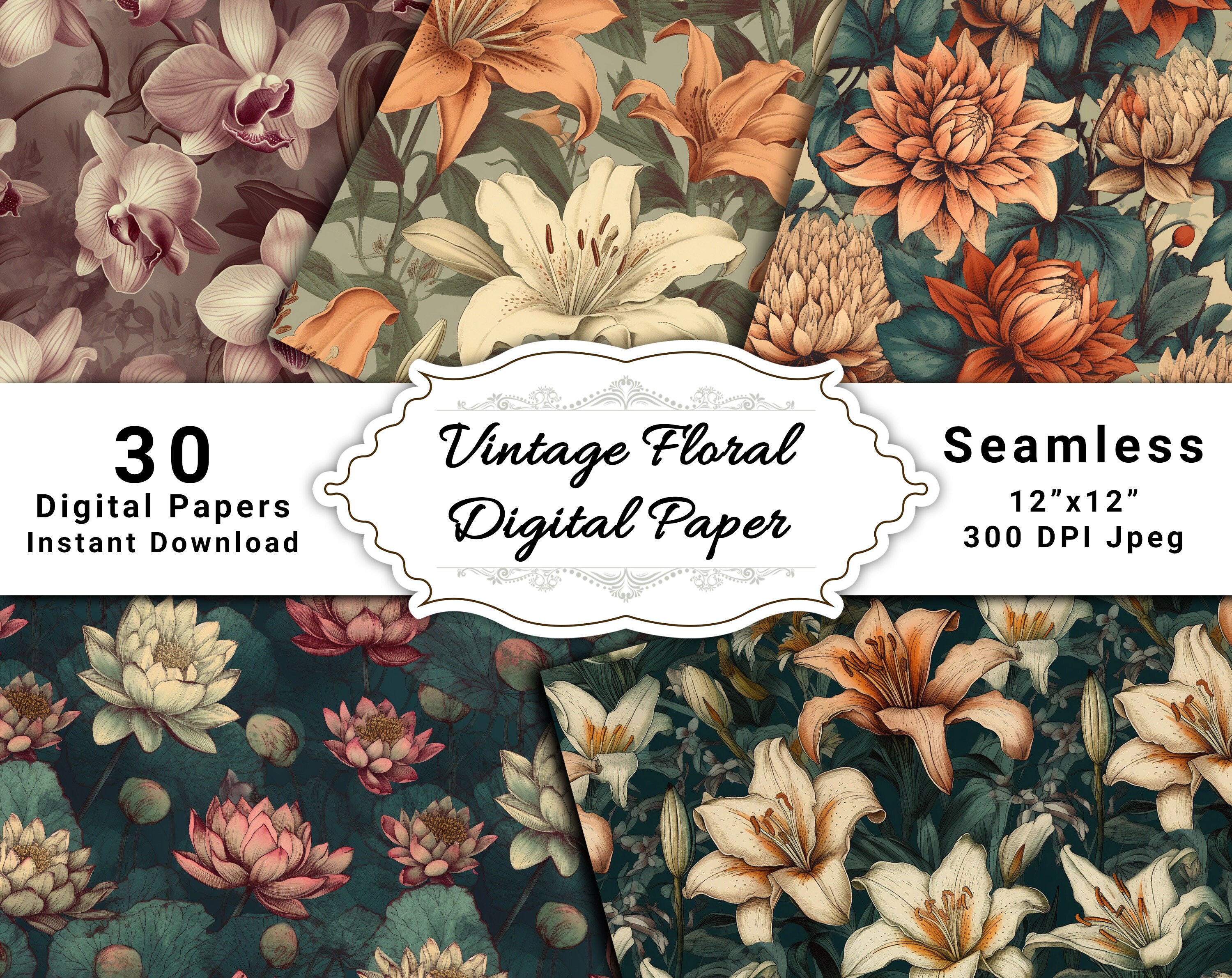 Printable Vintage Floral Digital Paper- Vintage Floral Art, Scrapbook ...
