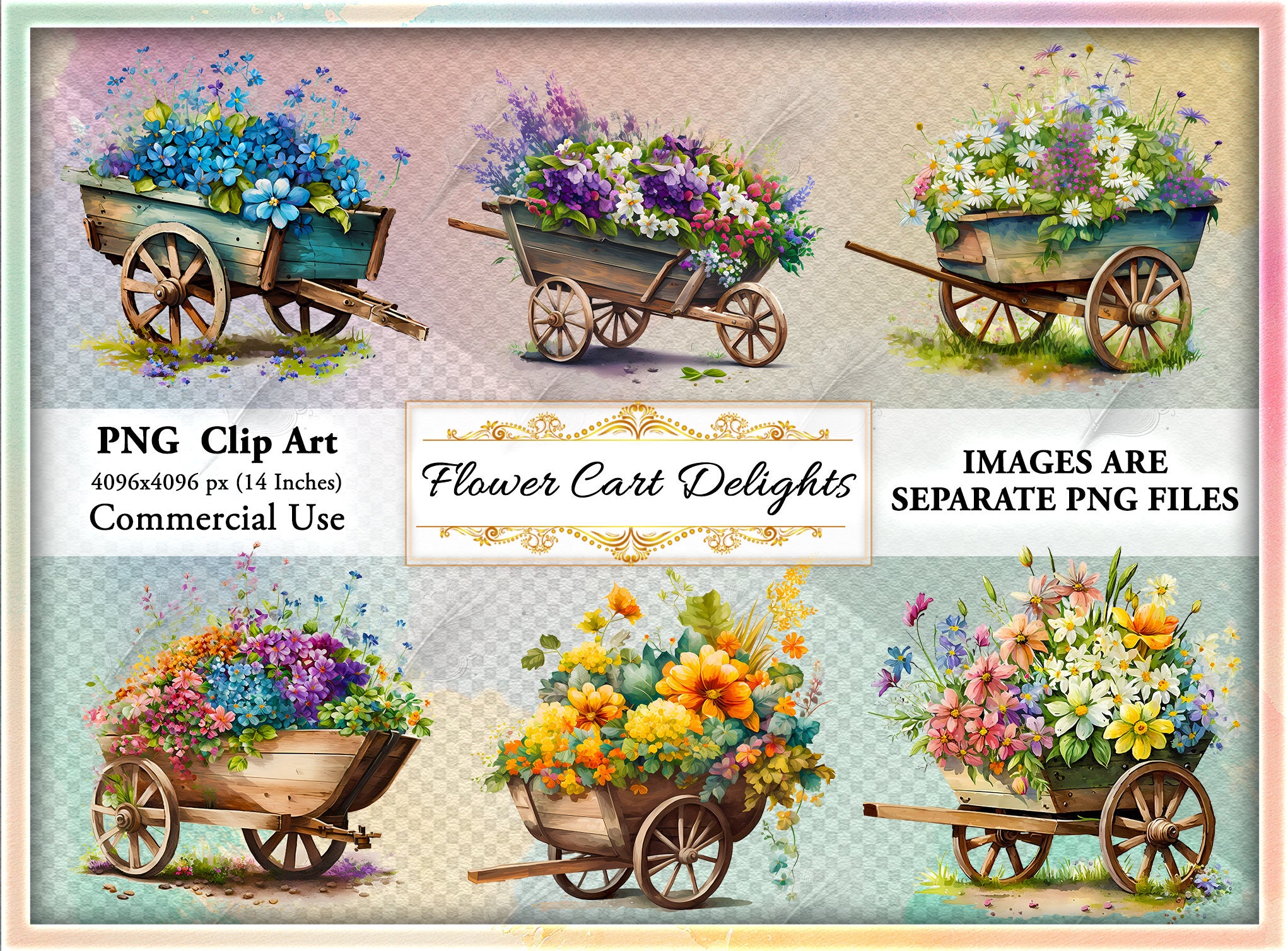 32 Watercolor Floral Wheelbarrows & Flower Cart Clipart - Springtime ...