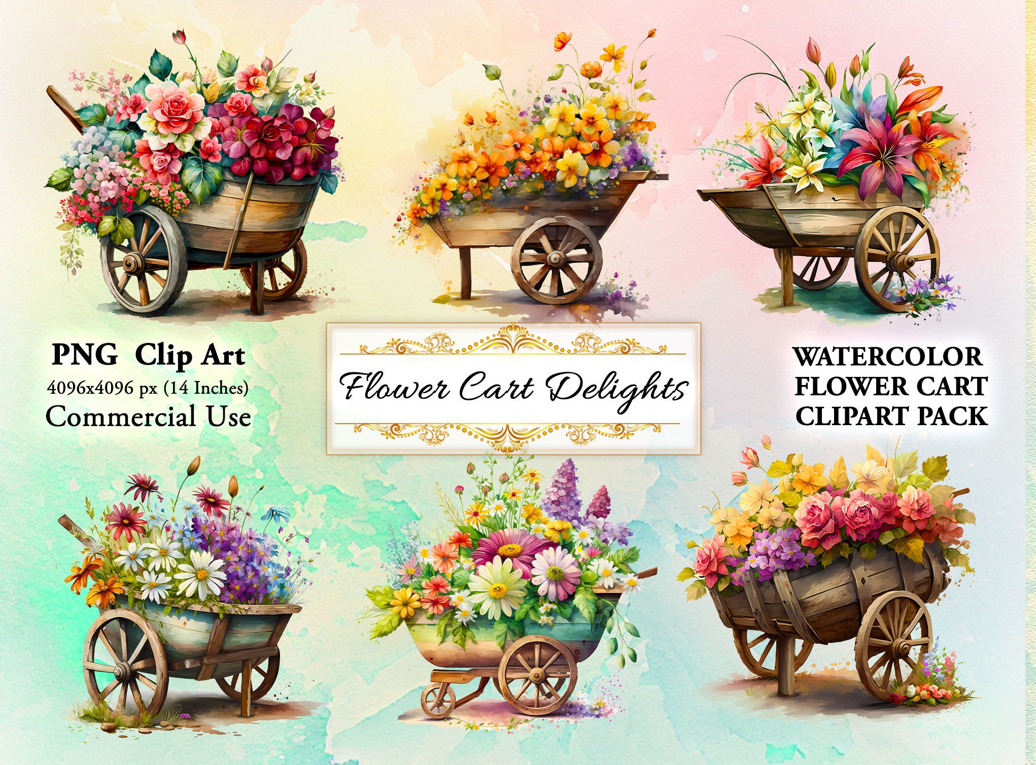 32 Watercolor Floral Wheelbarrows & Flower Cart Clipart - Springtime ...