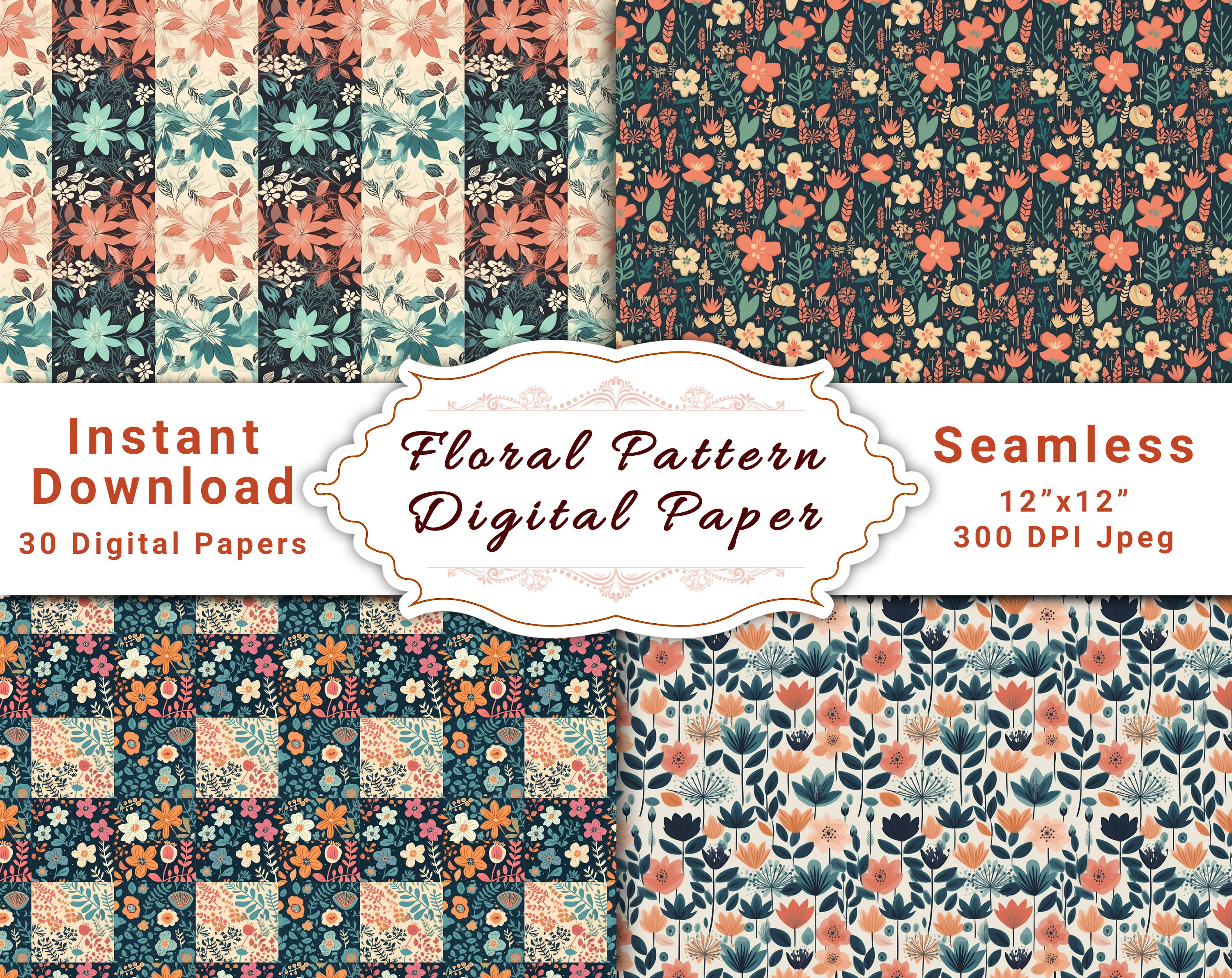 Floral Pattern Digital Paper, Printable Papers, Digital Scrapbook Paper ...