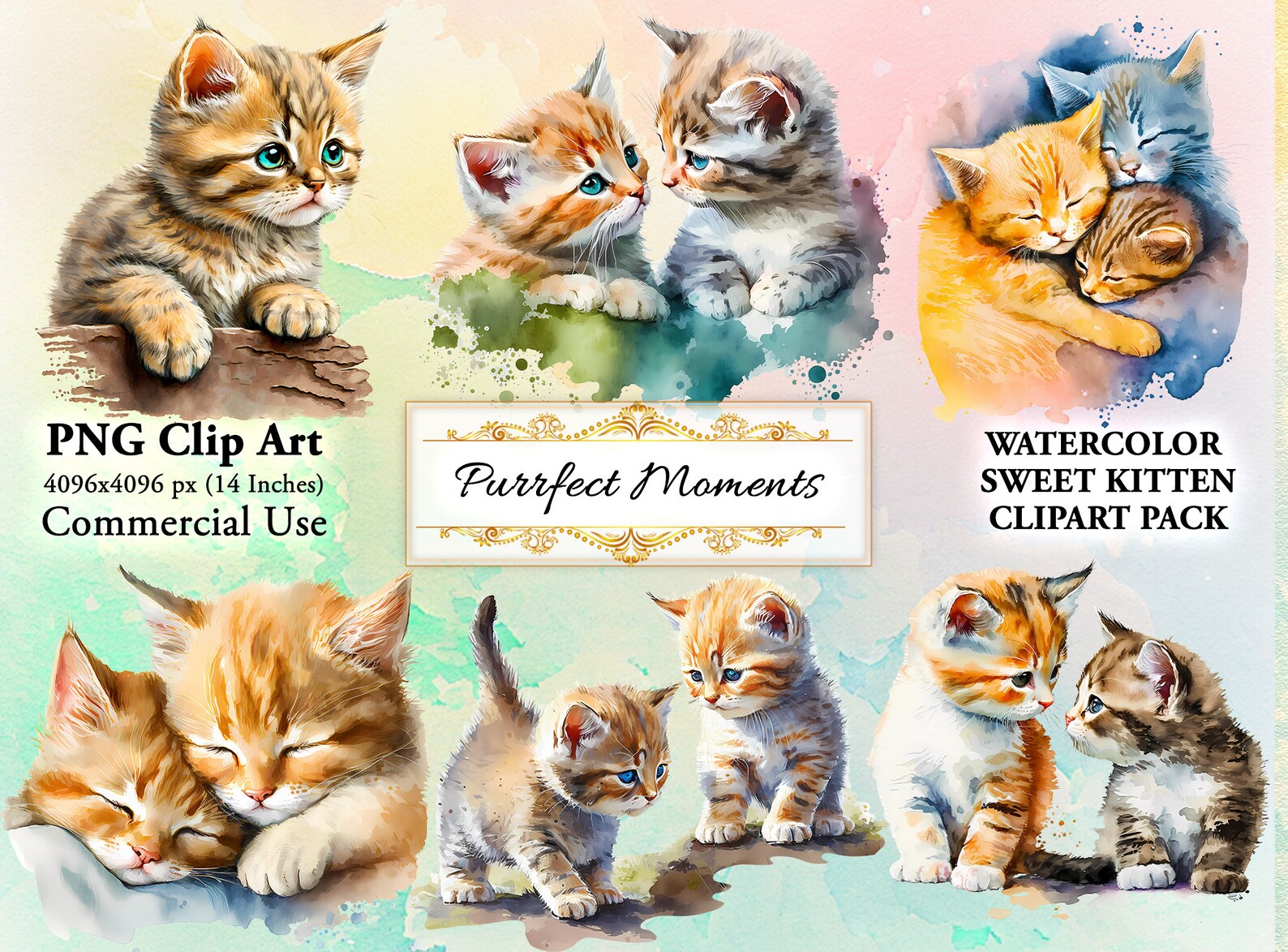 Watercolor Kittens, Cat Clip Art, Funny Cat Art, PNG File Format ...